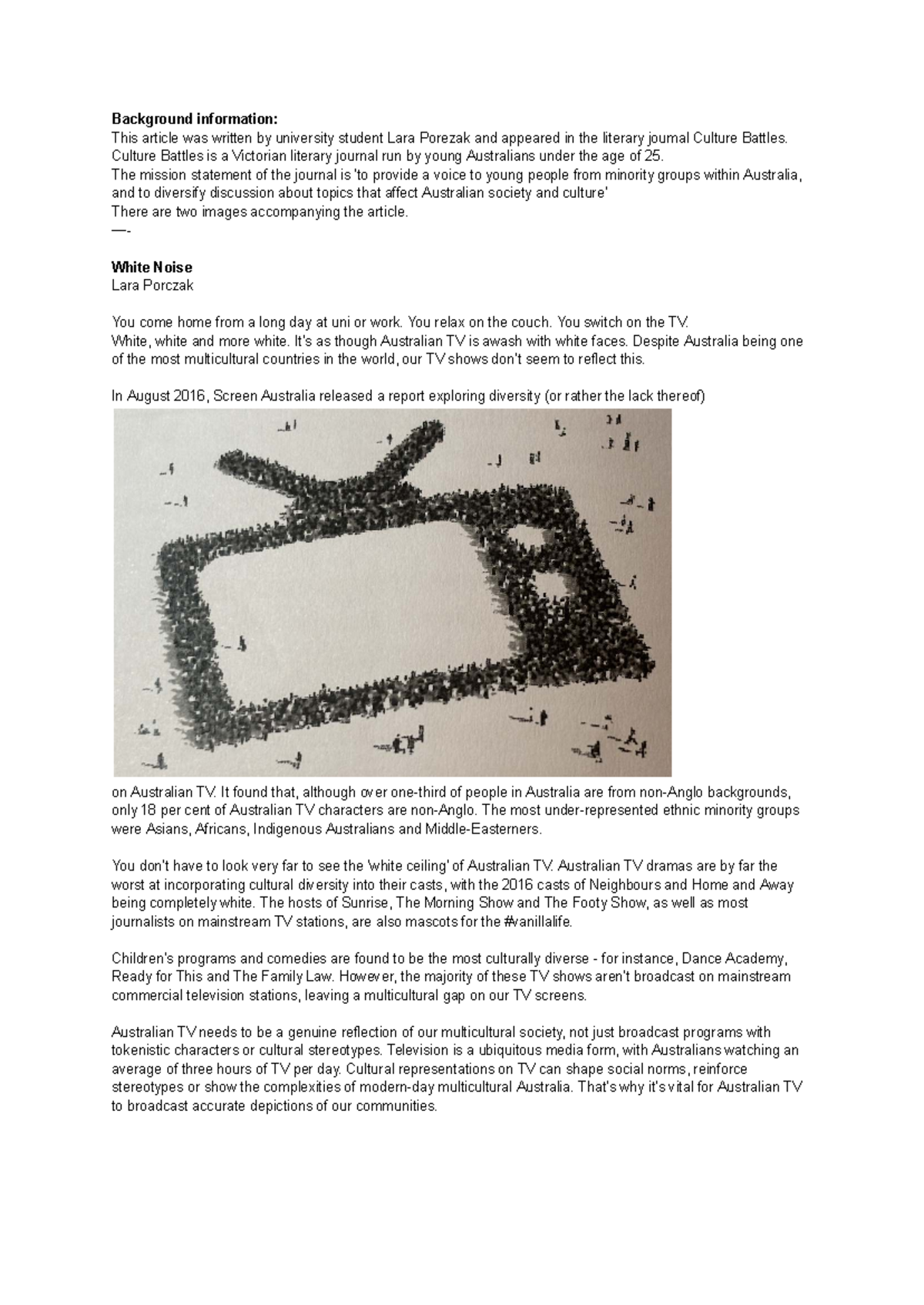 Practice Argument Analysis: Cultural Diversity in Australian TV - Studocu