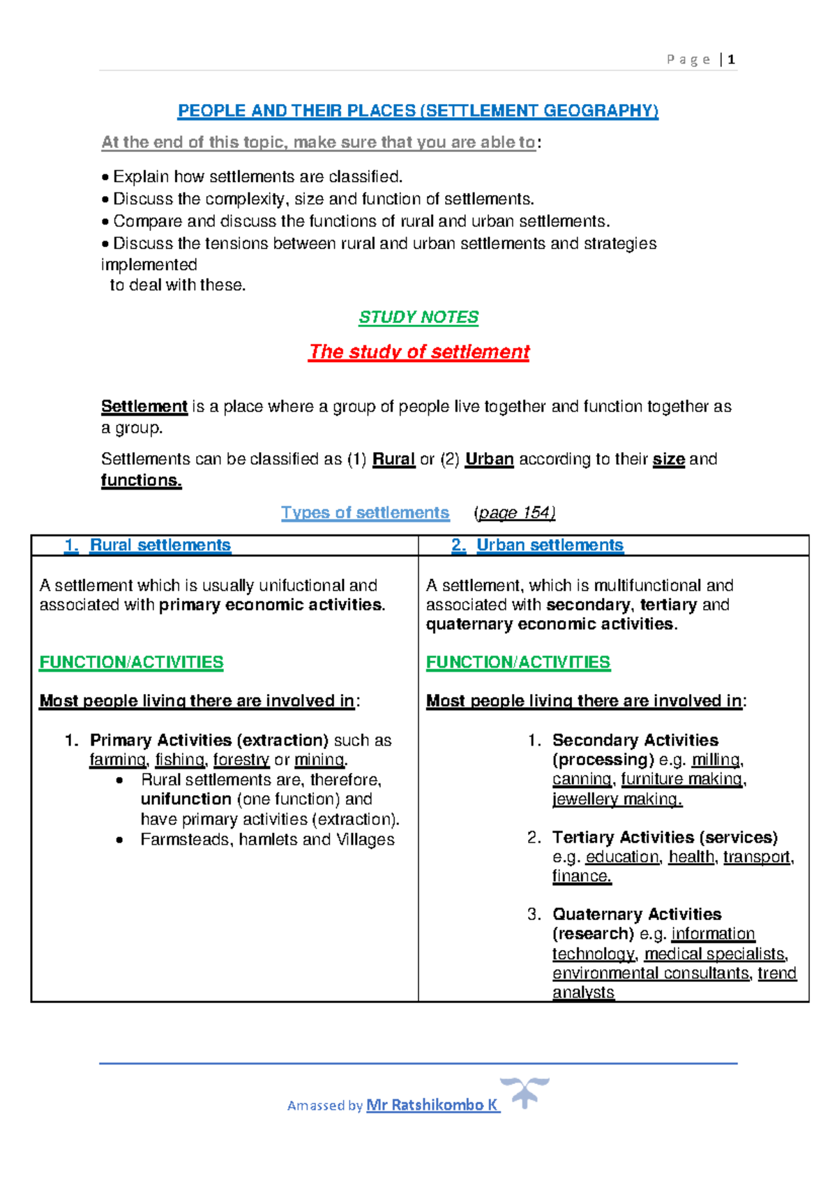 G12 Settlement Geography Study Notes on Urban and Rural Patterns - Studocu