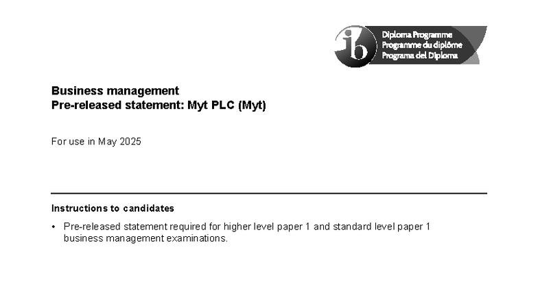 Business Management P1 Pre-Release Statement: Myt PLC for May 2025 ...