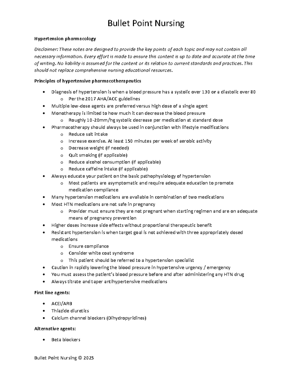 Bullet Point Nursing 2025: Hypertension Pharmacology Notes - Studocu