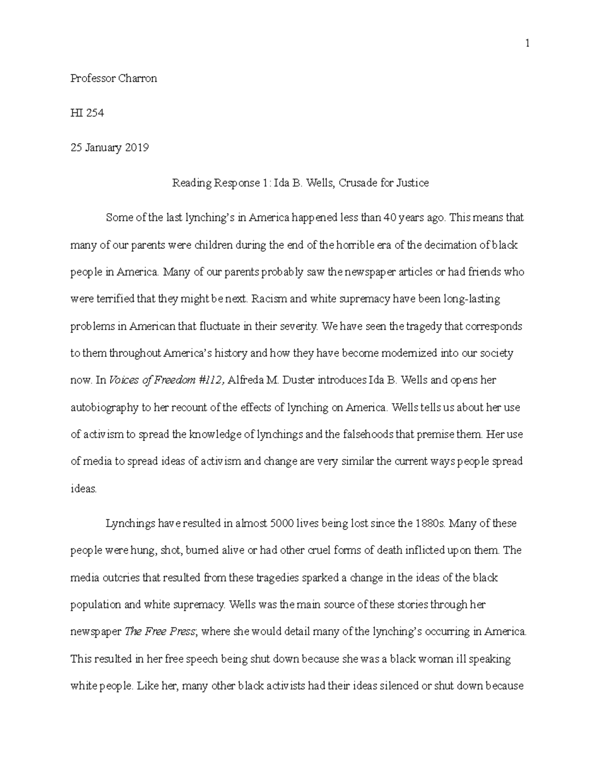 Reading Response 1 Ida B. Wells, Crusade for Justice - 1 Professor ...