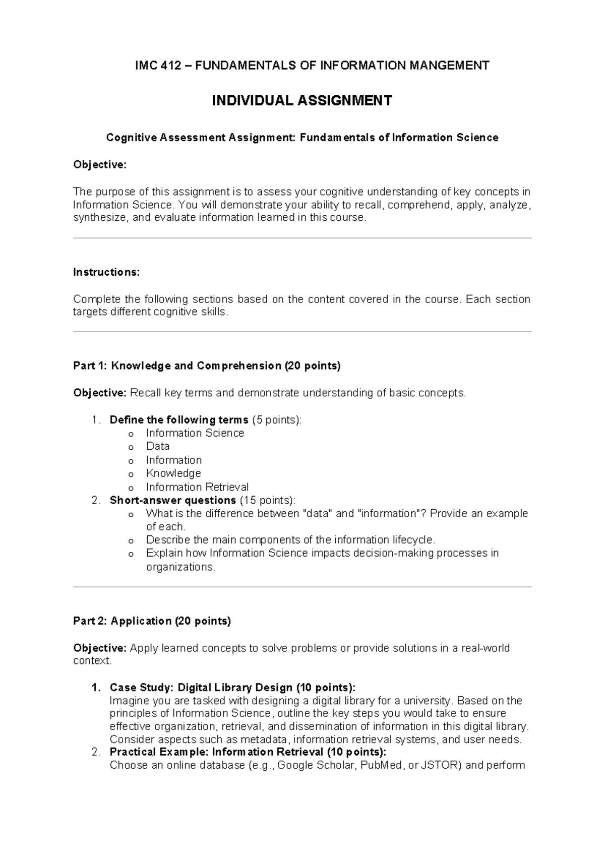 Cognitive Assessment & Group Essay on IMC412: Info Science Activities ...