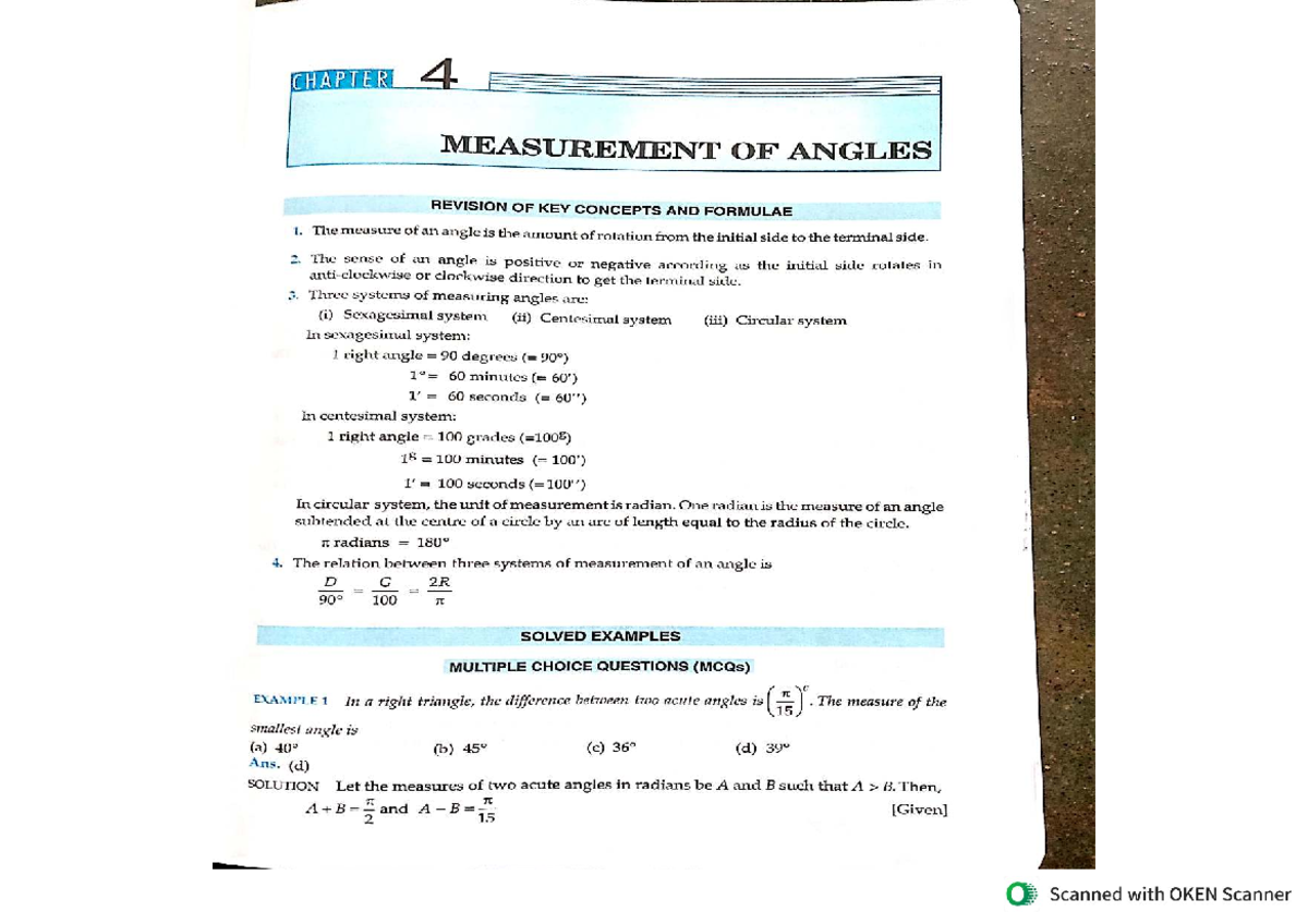 CHAPTER 4 MEASUREMENT OF ANGLES: KEY CONCEPTS & FORMULAE MCQs - Studocu