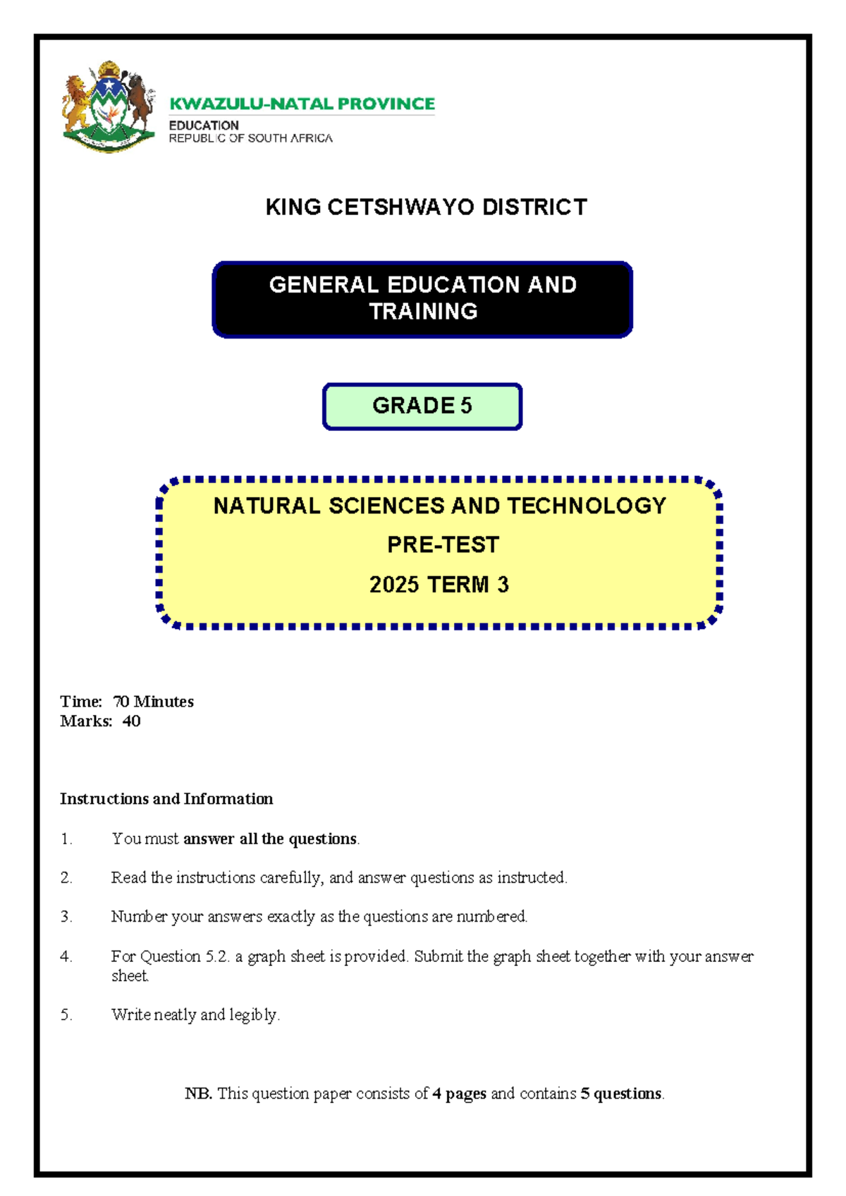 NST GR 5 Natural Sciences & Tech Pre-Test 2025 Term 3 - Studocu