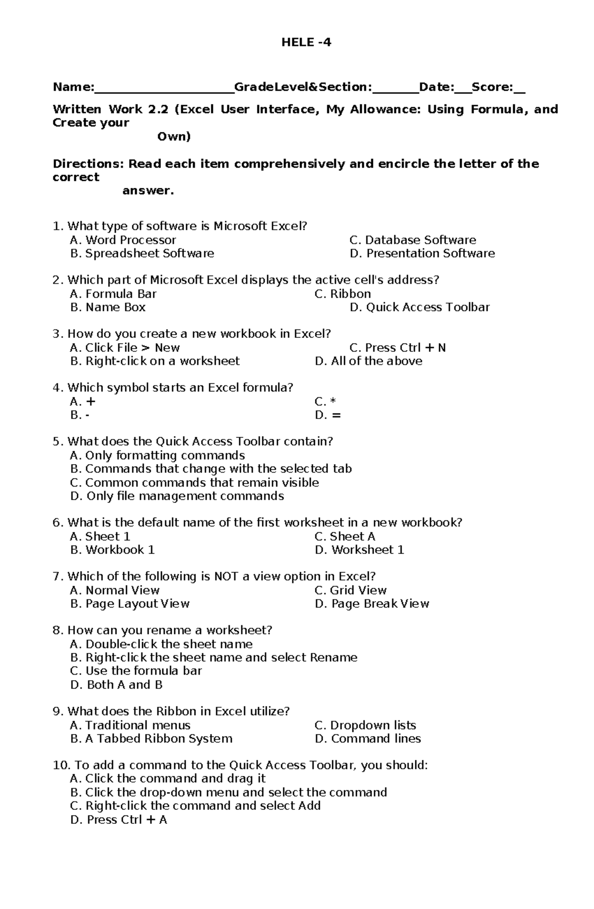 HELE W.W. 2.2 - Excel User Interface & Formula Basics Quiz - Studocu