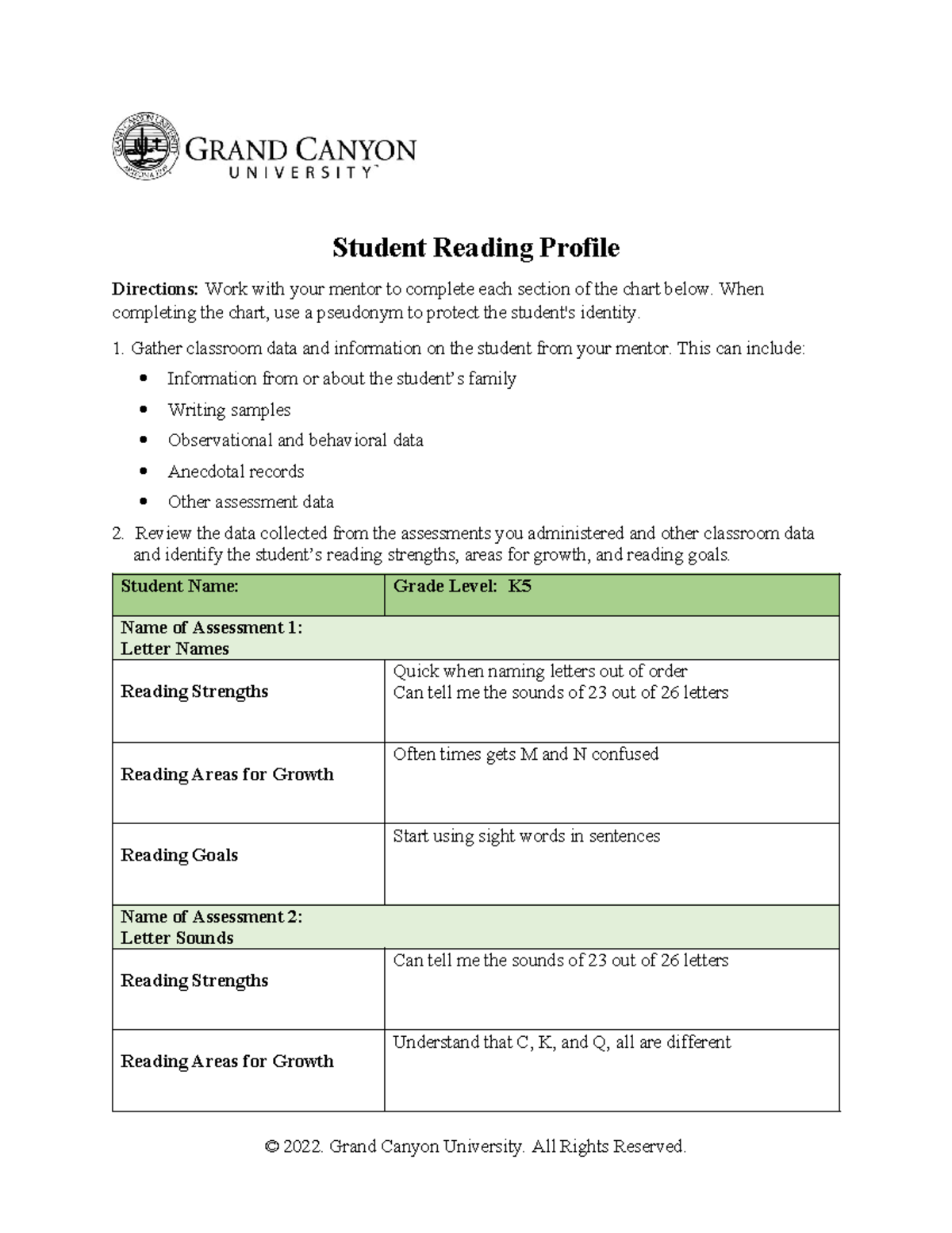 NT-Reading-Profile: Student Reading Assessment Chart for K-Grade - Studocu