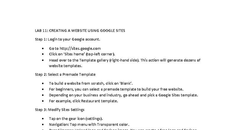 LAB 11: CREATING A WEBSITE USING GOOGLE SITES Guide - Studocu