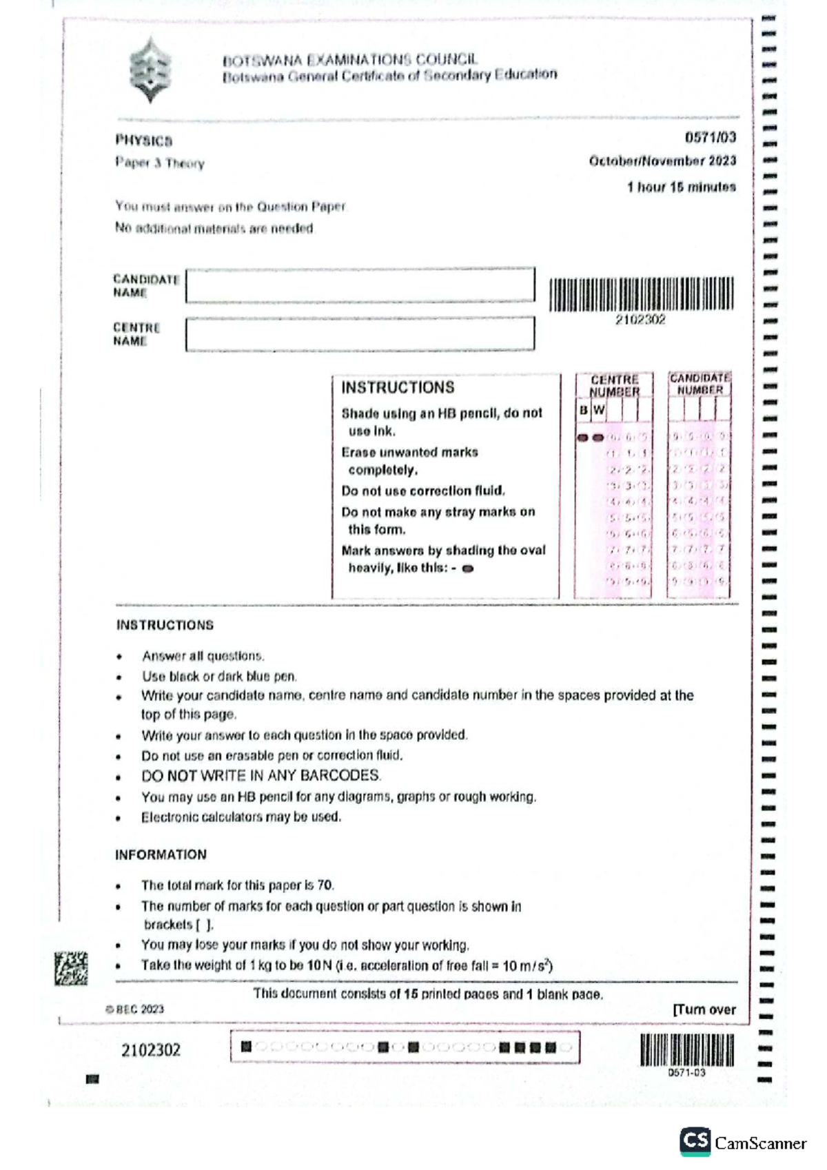 Bgcse PHY 3 Exam Paper 2023 - Botswana General Certificate - Studocu