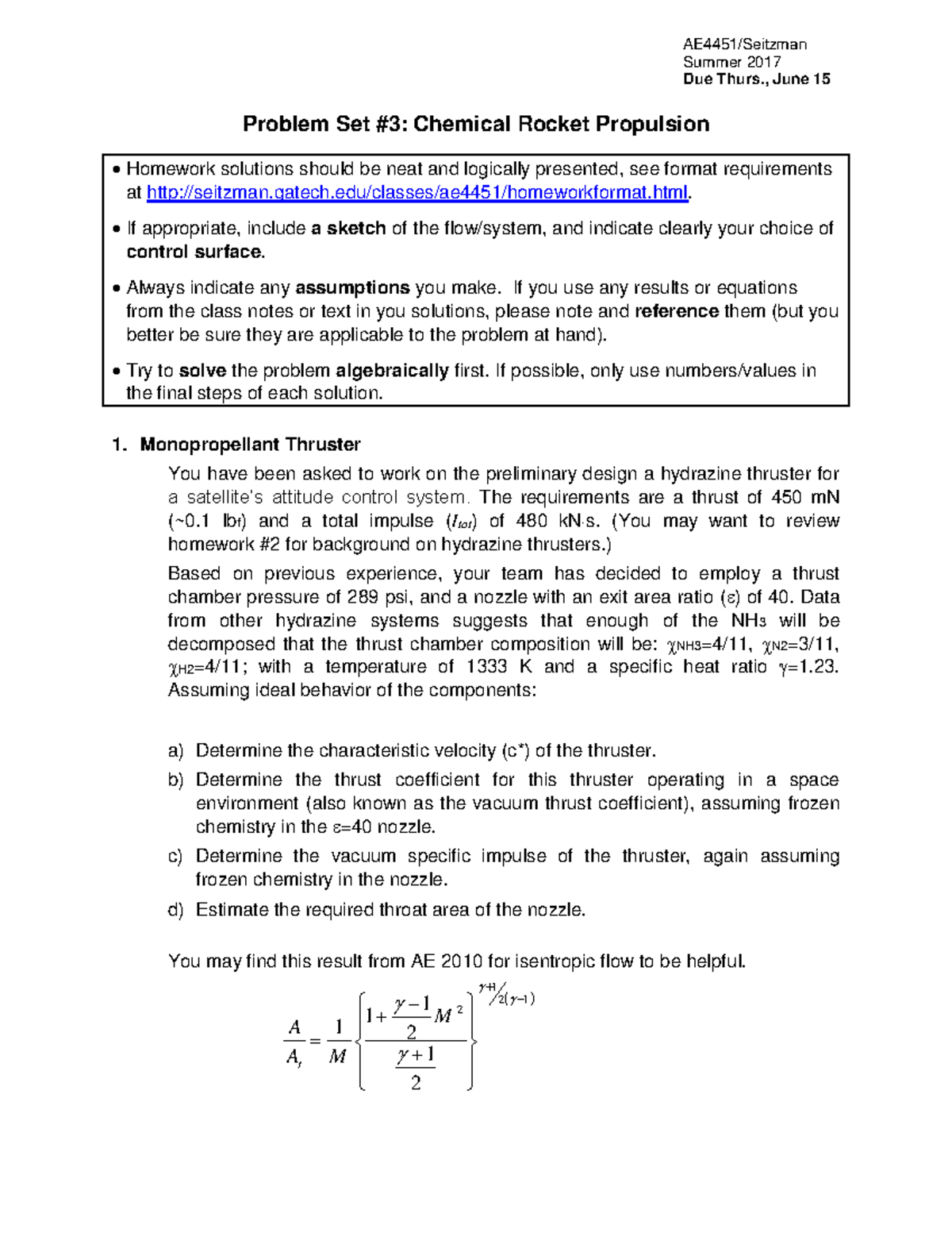 AE4451 - Hw3-2: Chemical Rocket Propulsion Problem Set Solutions - Studocu