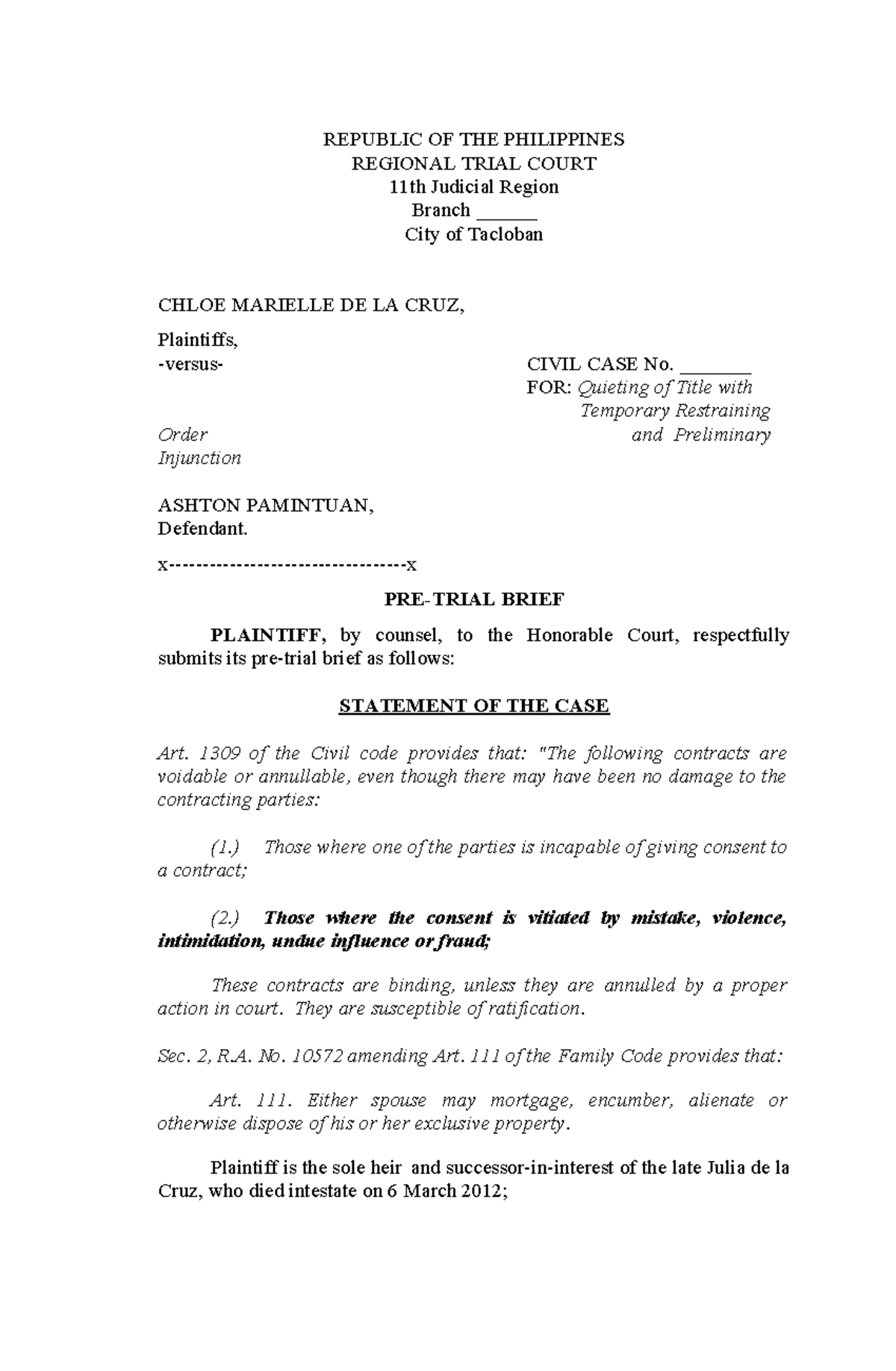 Sample Pretrial Brief for Plaintiff in Civil Case No. _____ - Quieting ...