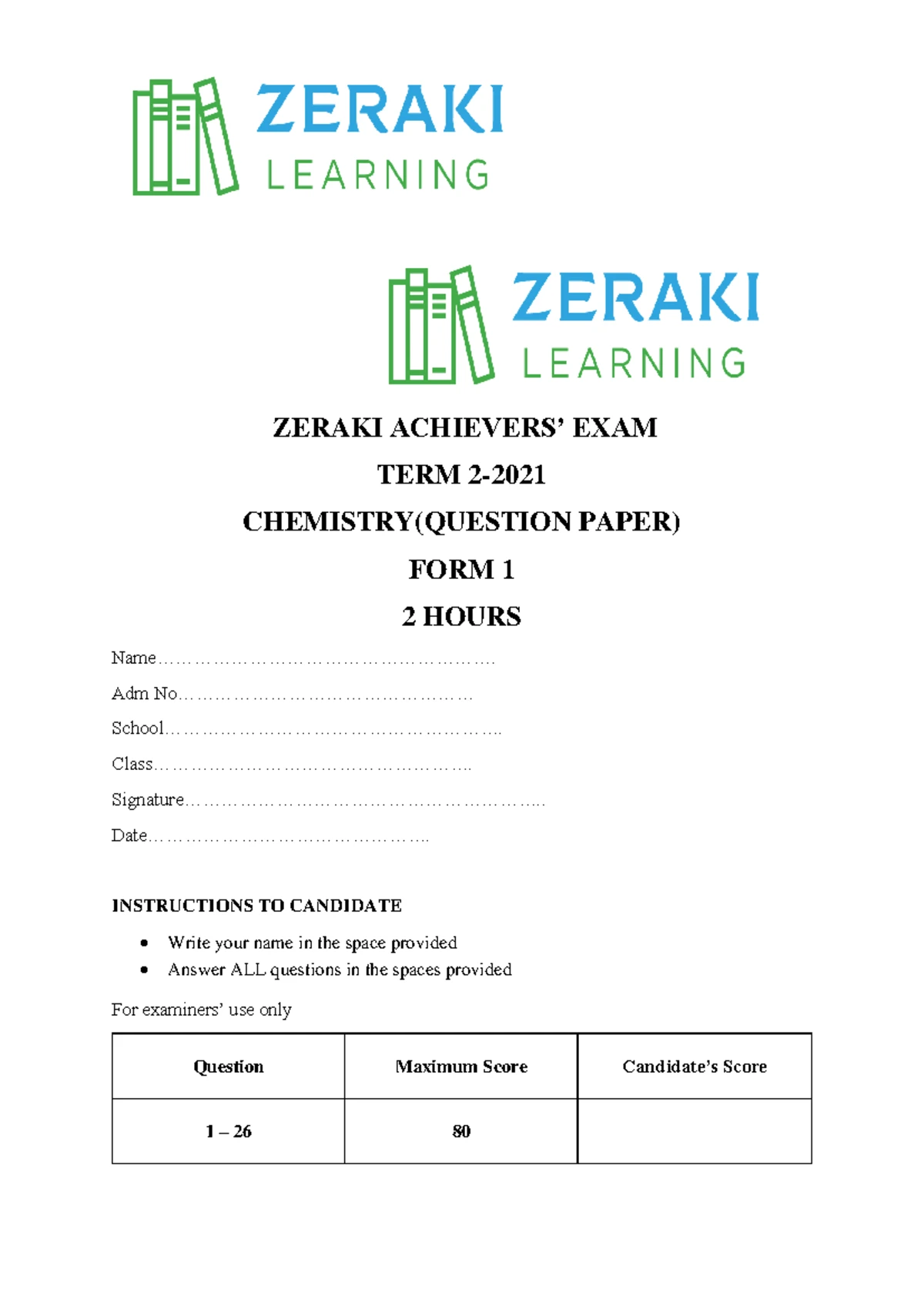 Chemistry - Chemistry Form 3 - Zeraki Achievers 2.0 - Question Paper ...