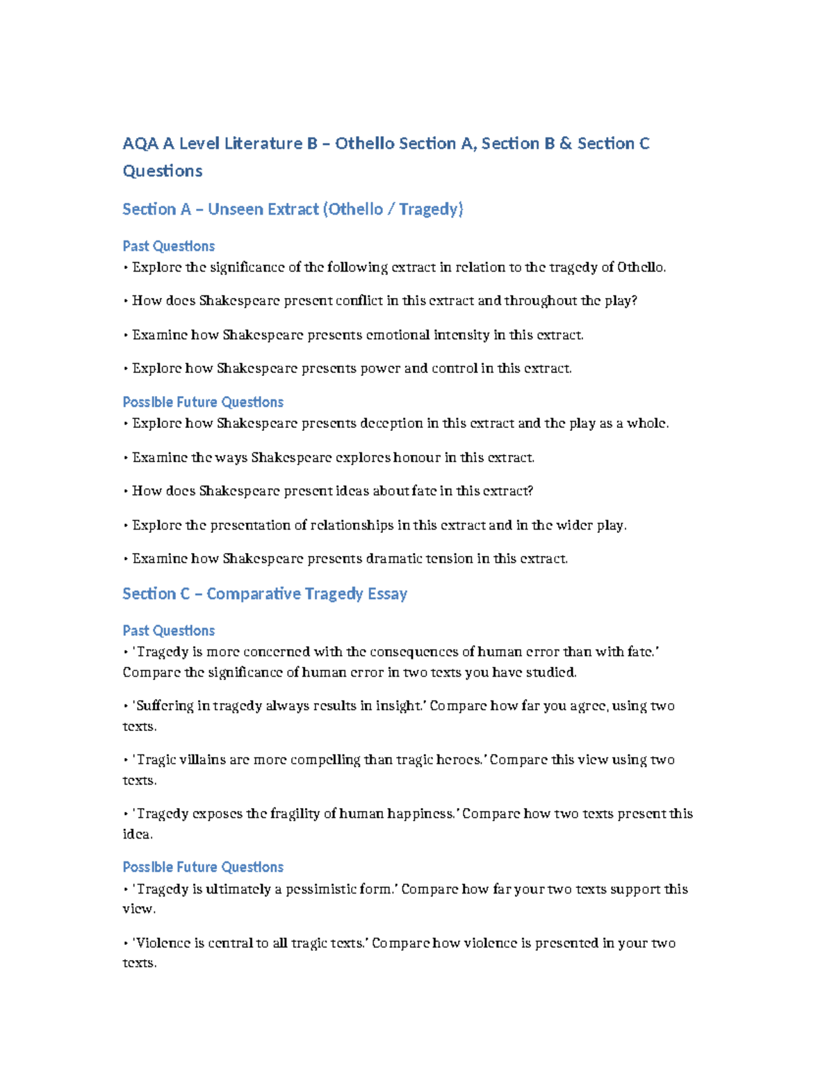 AQA A Level Literature B Othello Section A & C Past Questions - Studocu
