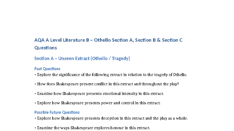 AQA A Level Literature B Othello Section A & C Past Questions - Studocu