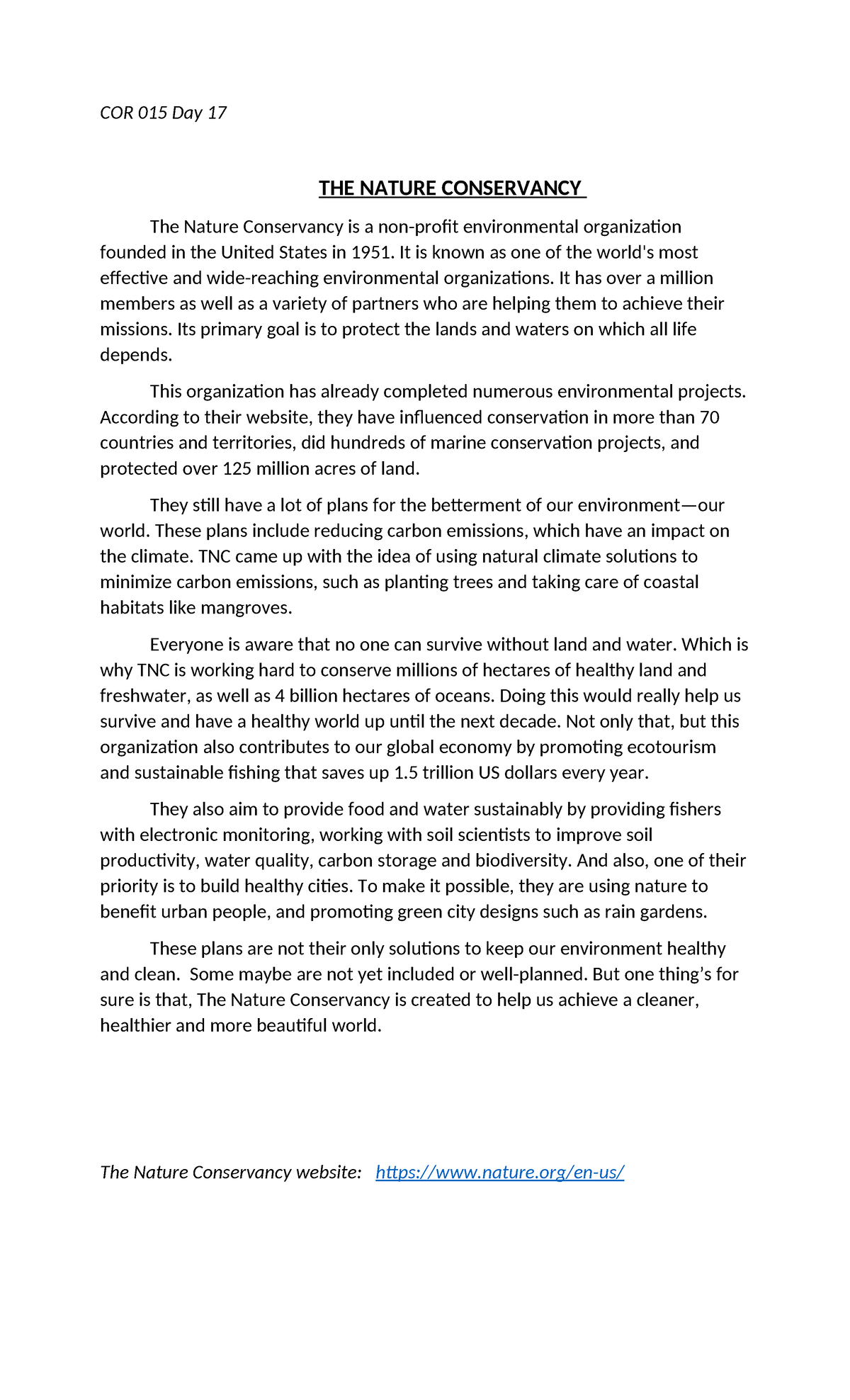 COR 015 Day 17 - Overview of The Nature Conservancy's Impact - Studocu