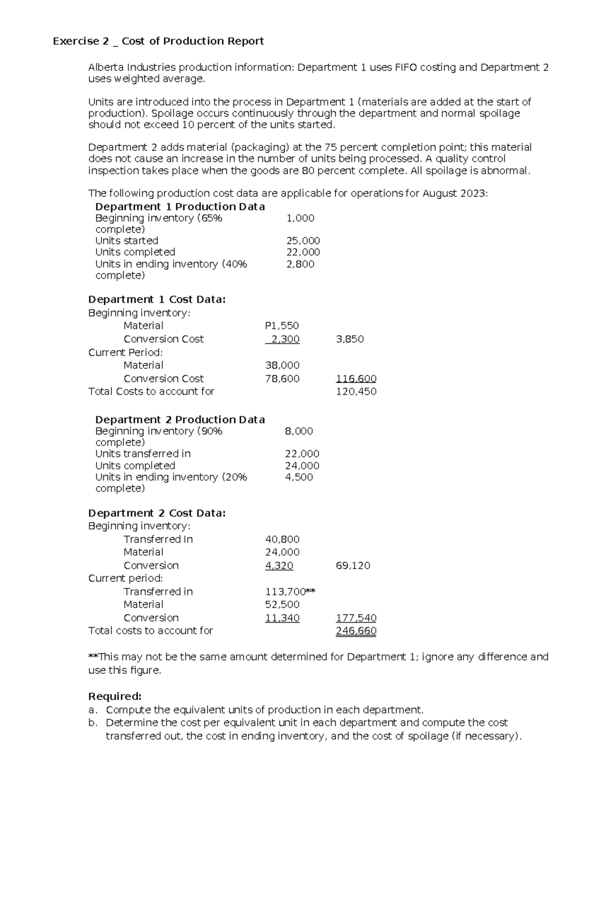 Cost of Production Report - Exercise 2 Analysis & Calculations - Studocu