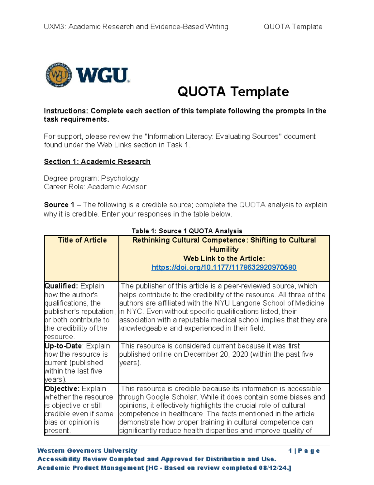 D389 QUOTA Analysis Template for Academic Advising and Credibility ...
