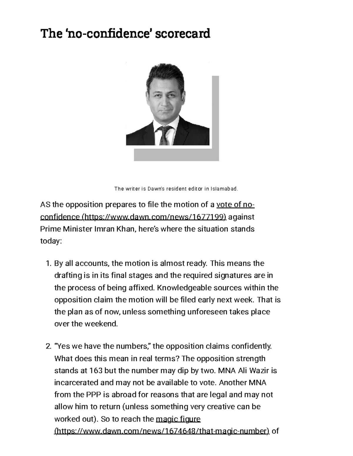 The No-Confidence Motion Scorecard - Pakistan Analysis - Studocu
