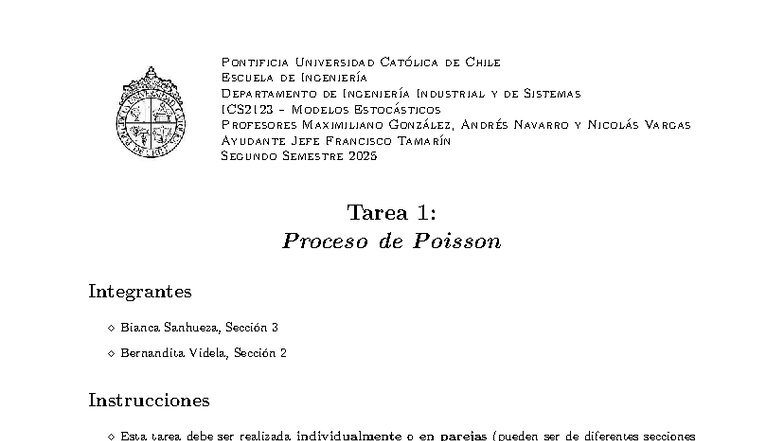 Tarea 1: Proceso de Poisson - ICS2123 - Semestre 2, 2025 - Studocu
