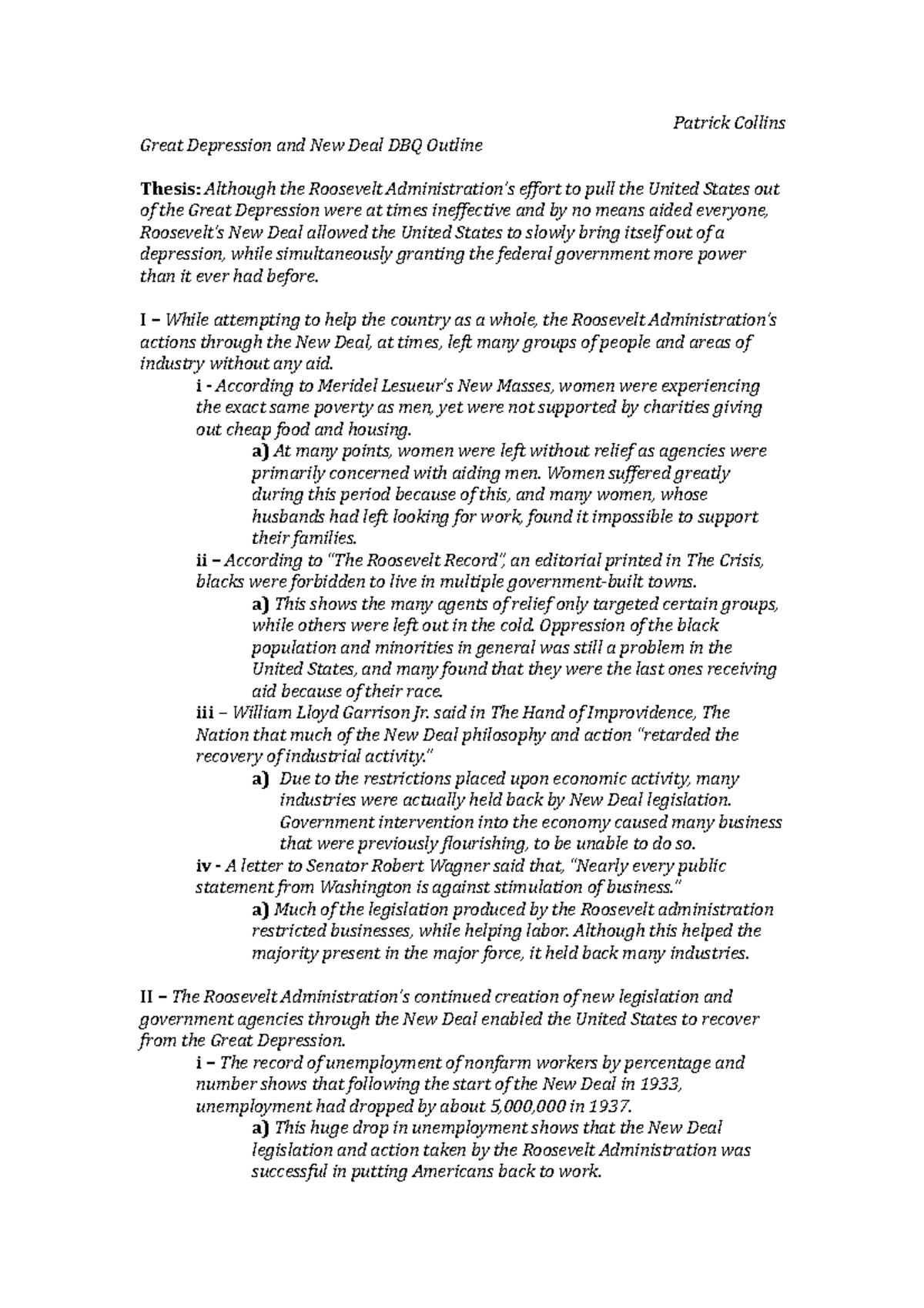 Great Depression & New Deal DBQ Outline - Patrick Collins Analysis ...