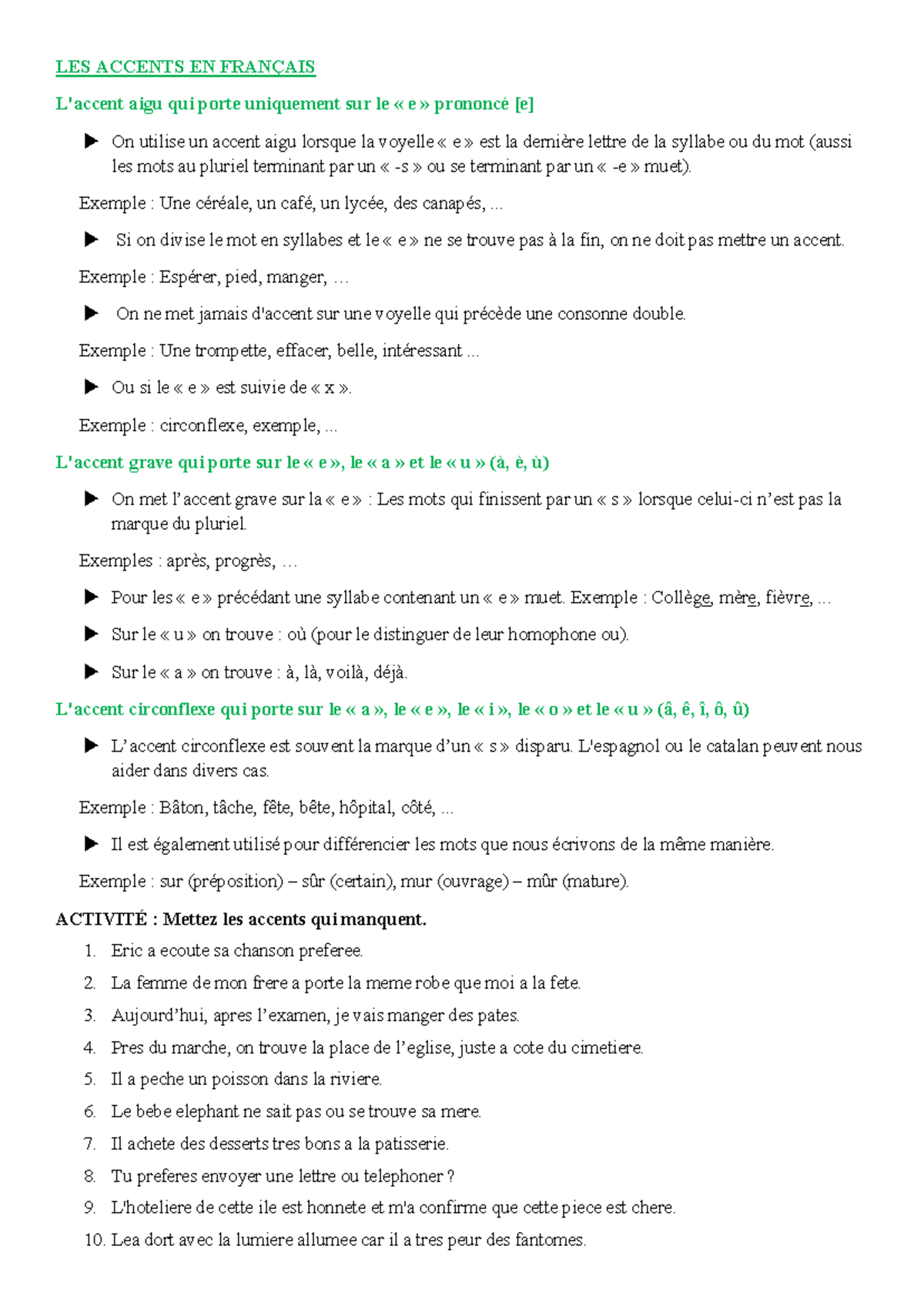 LES ACCENTS EN FRANÇAIS : Règles et Activités Pratiques - Studocu