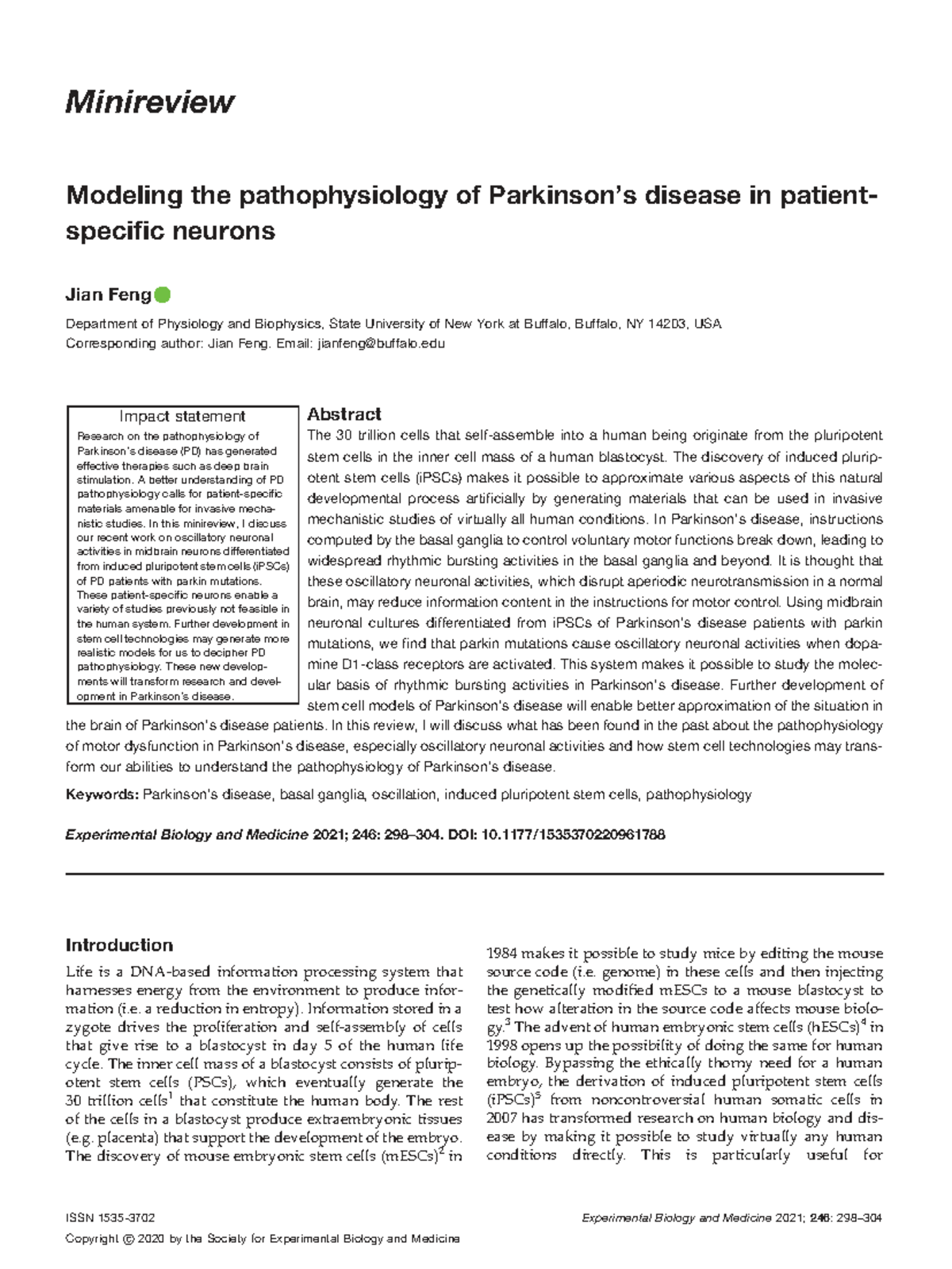 Modeling PD Pathophysiology in Patient-Specific Neurons: A Minireview ...