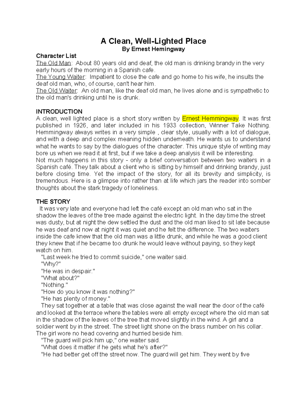 Character Analysis of "A Clean, Well-Lighted Place" (ENG 101) - Studocu