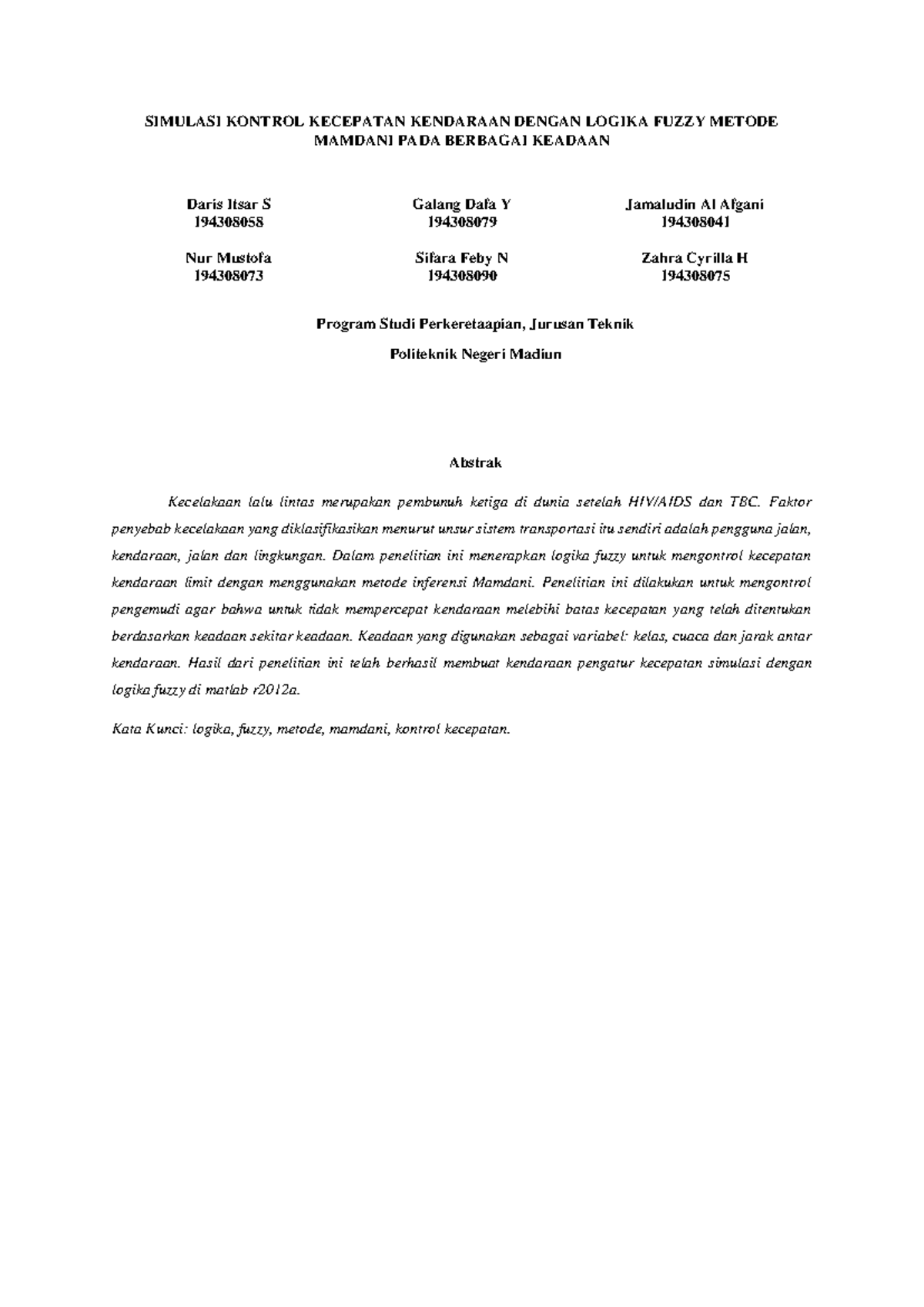 Simulasi Kontrol Kecepatan Kendaraan dengan Logika Fuzzy - Jurnal Kasus ...