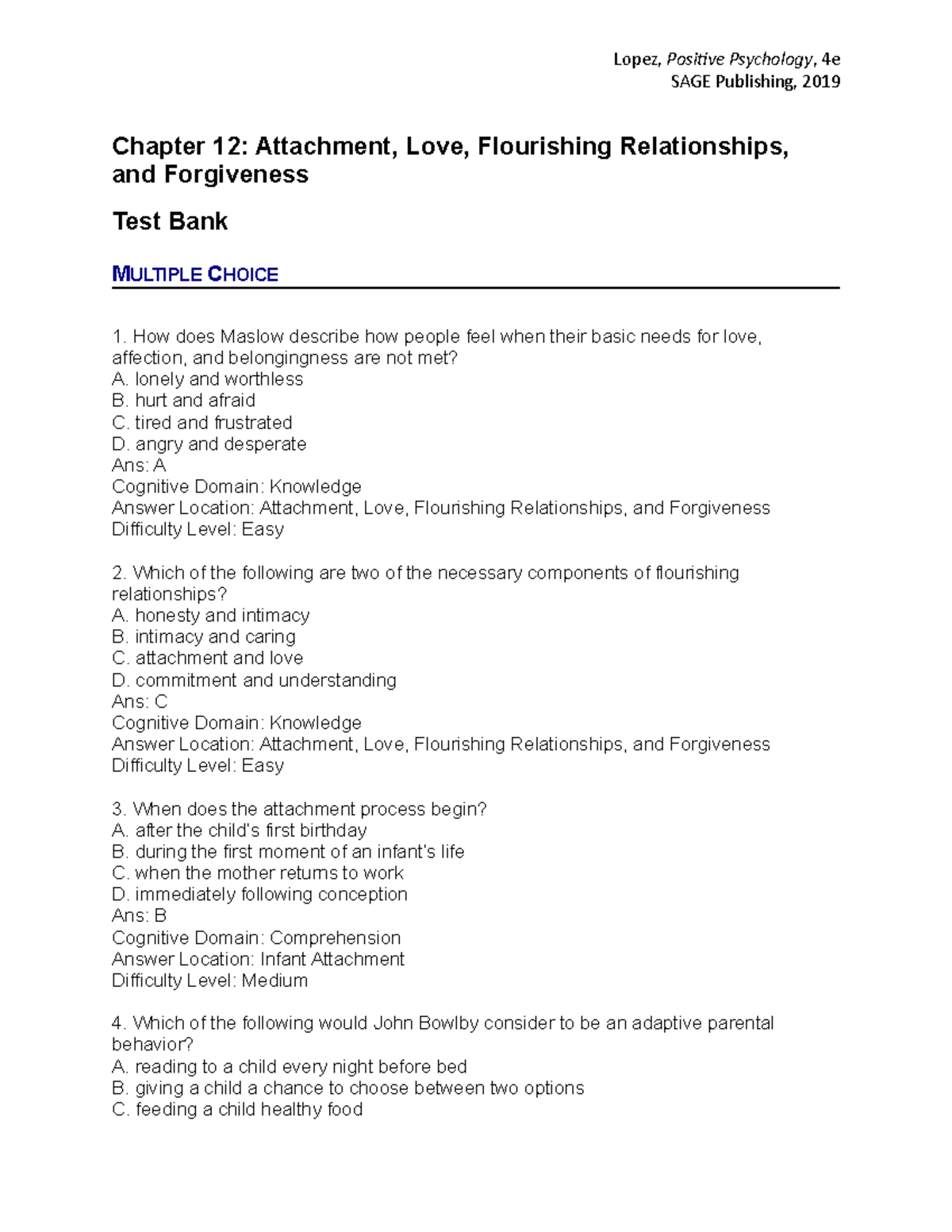 Chapter 12 Practice MC - SAGE Publishing, 2019 Chapter 12: Attachment, Love, Flourishing - Studocu