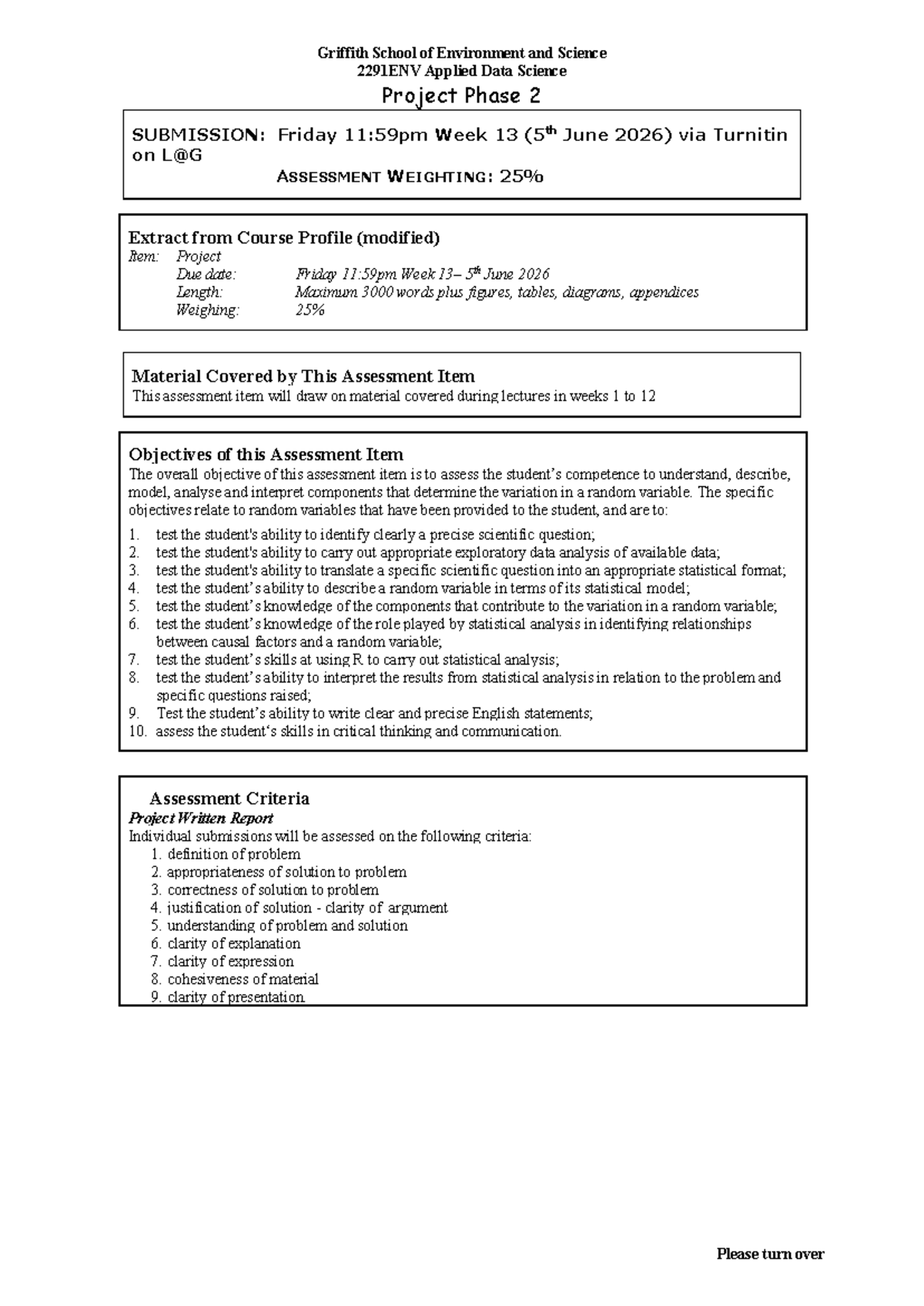 Griffith School of Environment and Science 2291ENV Applied Data Science ...