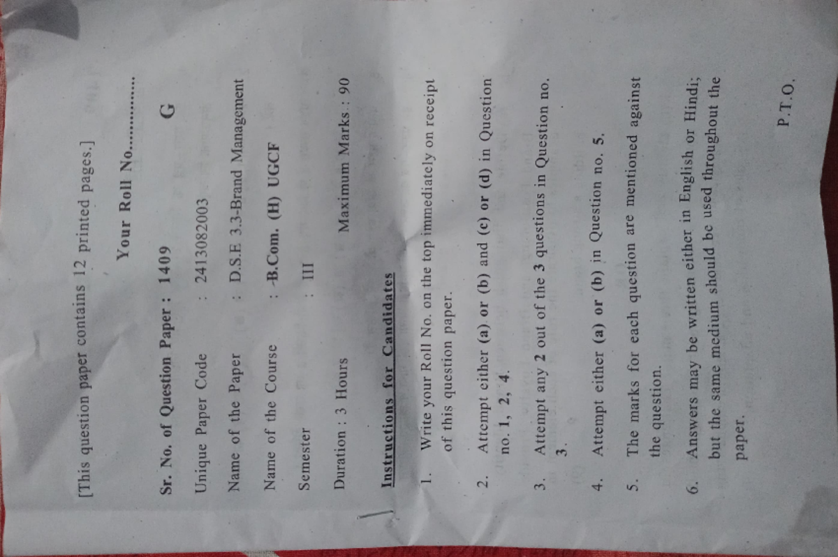 D.S.E3.3 - Brand Management Question Paper - B.Com.(H) III Sem - Studocu