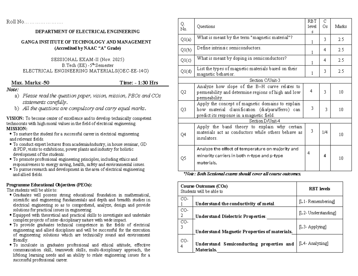 B.Tech (EE) Sessional Exam Nov. 2025 - Electrical Engineering - Studocu