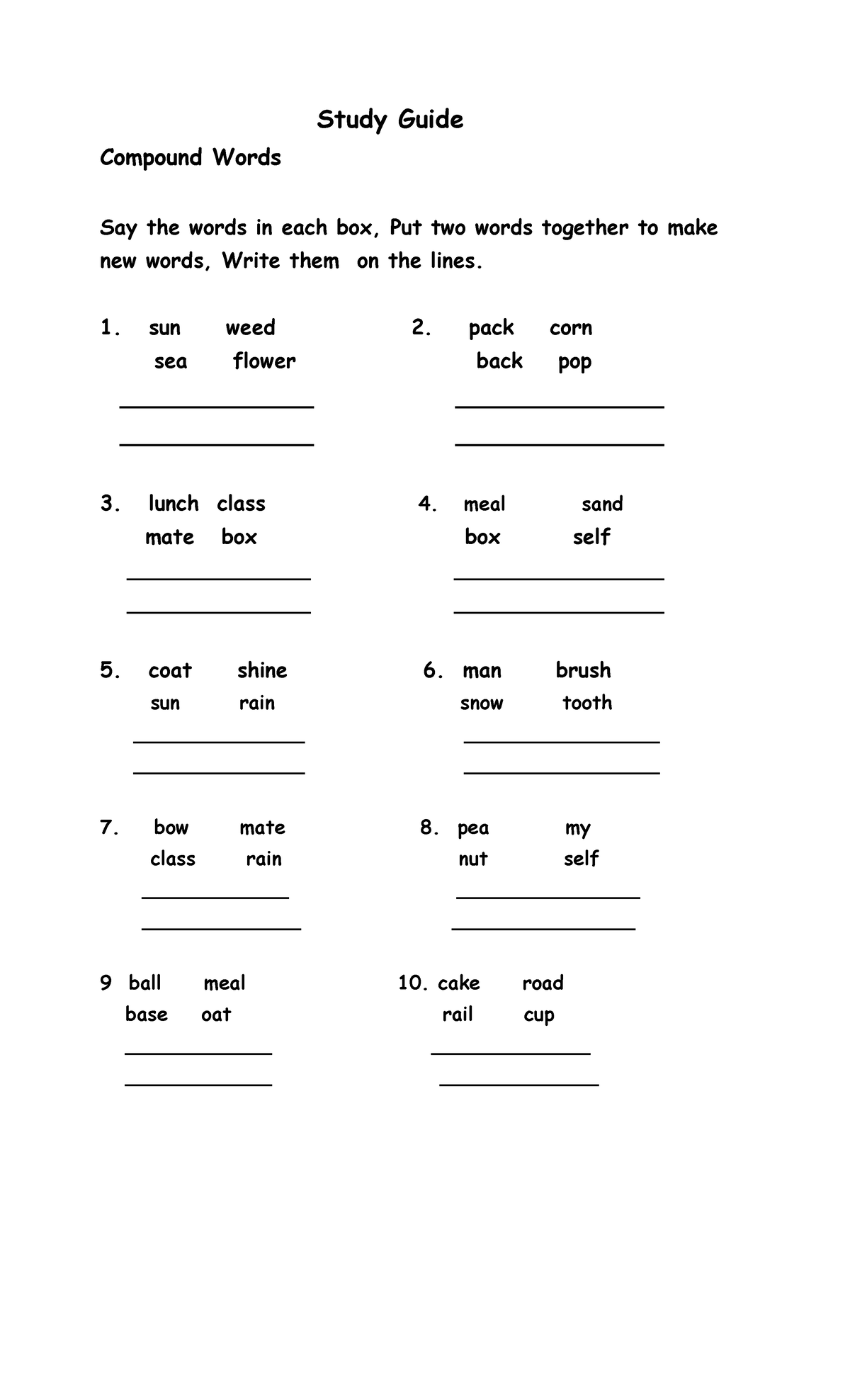 Phonics Study Guide - Study Guide Compound Words Say the words in each ...