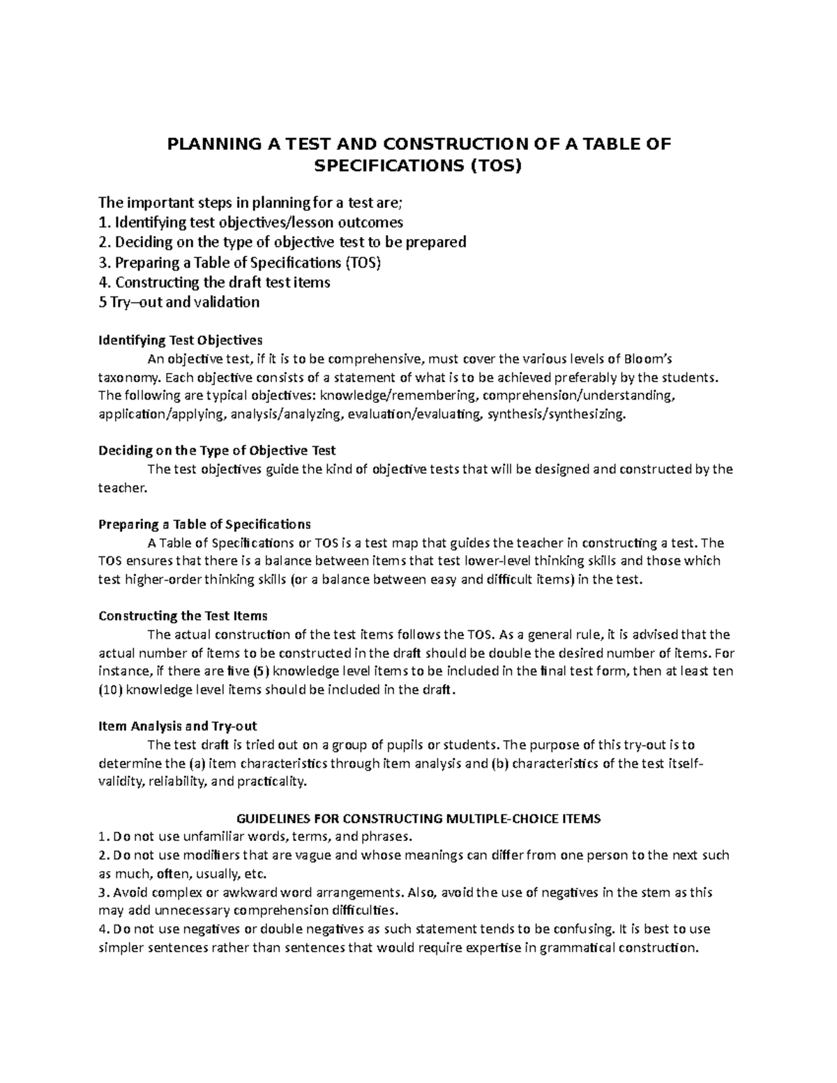 430744820 Test Planning & Table of Specifications Construction Guide ...