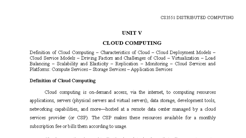 CS3551 DISTRIBUTED COMPUTING UNIT V CLOUD COMPUTING: Concepts and - Studocu