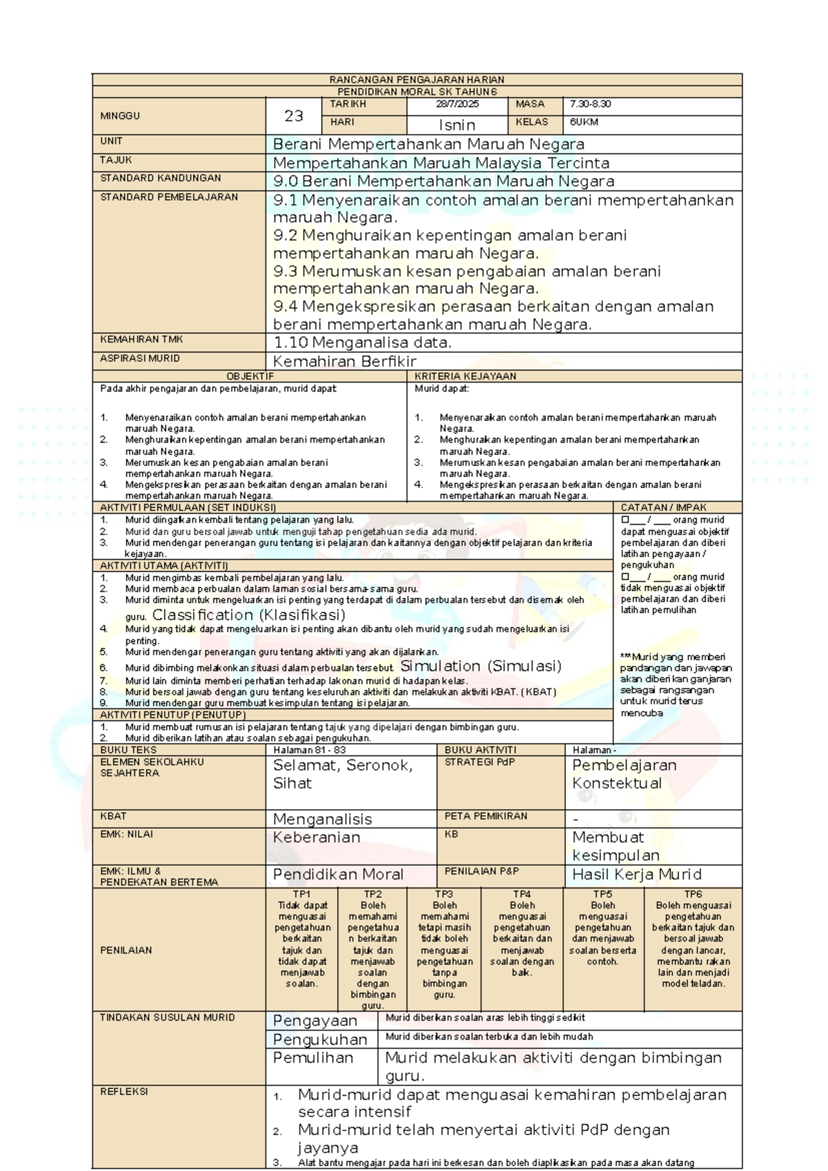 Rancangan Pengajaran Harian (RPH) Pendidikan Moral SK Tahun 6 - Studocu
