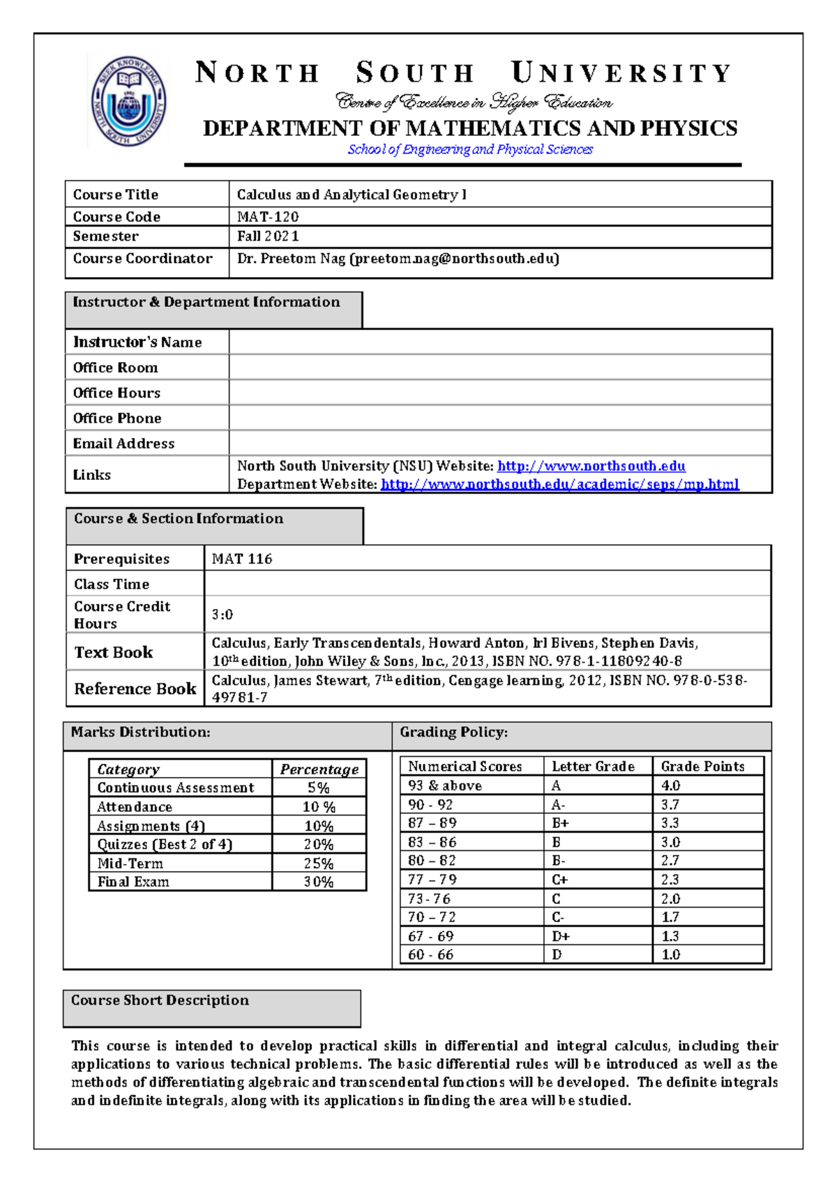 Calculus and Analytical Geometry I (MAT 116) Course Outline and ...