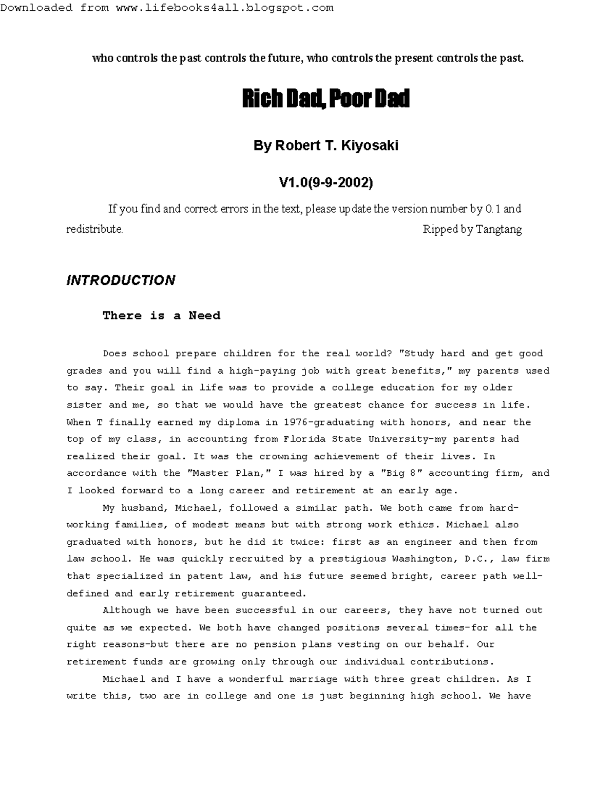Rich dad poor dad - lifestyle book - who controls the past controls the ...