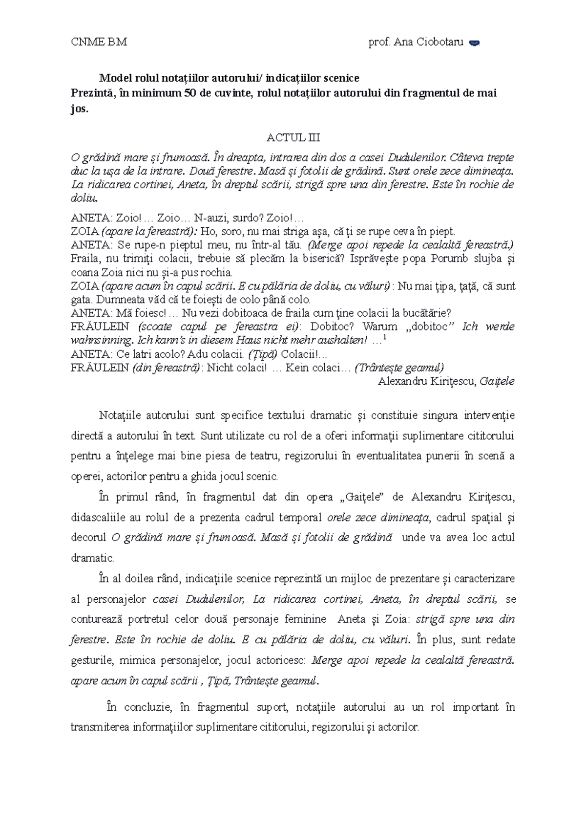 Didascalii și rolul notațiilor autorului în Gaițele - BAC - Studocu