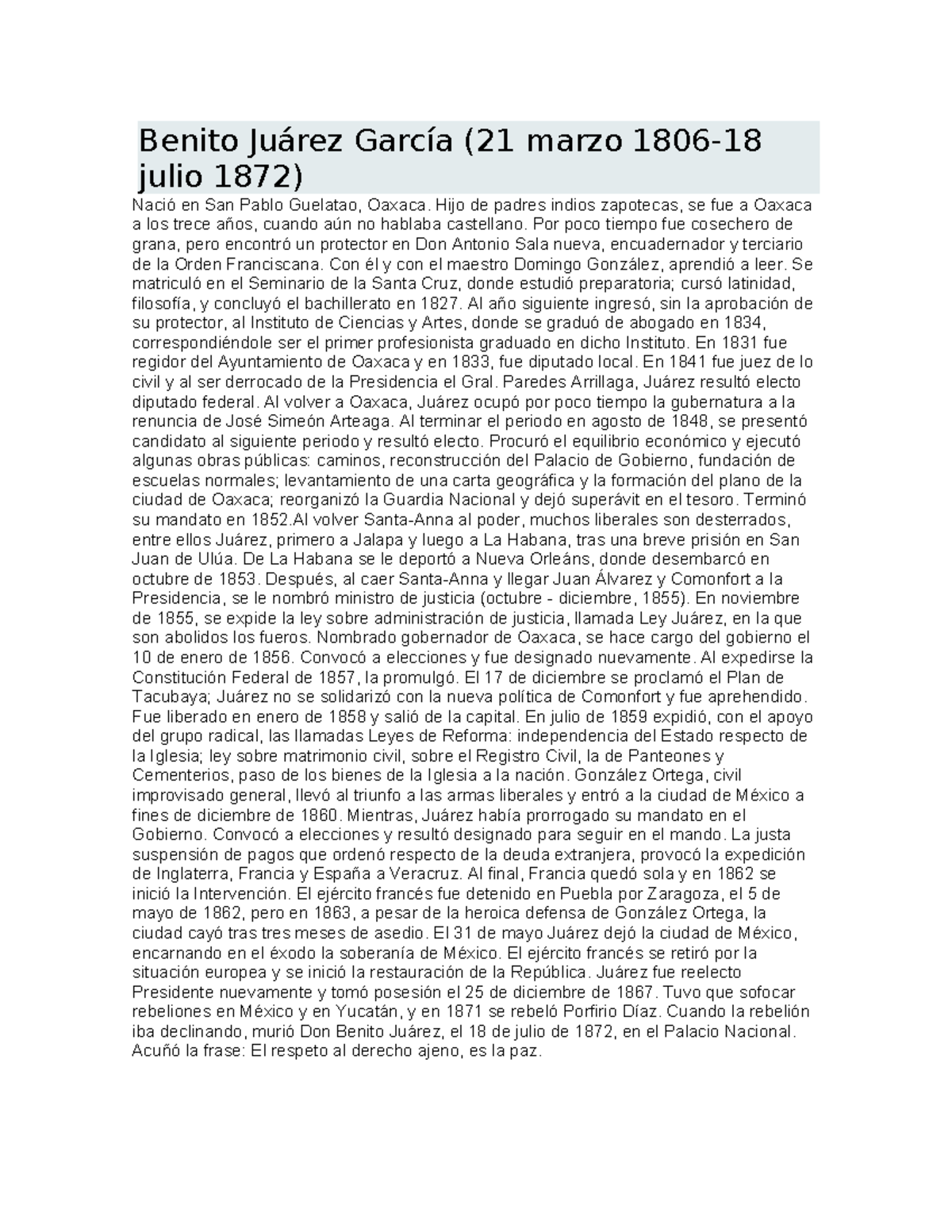 Biografía de Benito Juárez García: Vida y Legado (21 marzo 1872) - Studocu