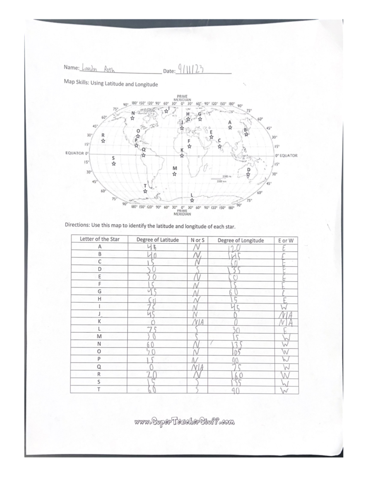 Map Skills Using Latitude and Longitude - Letter of the Star Degree of ...