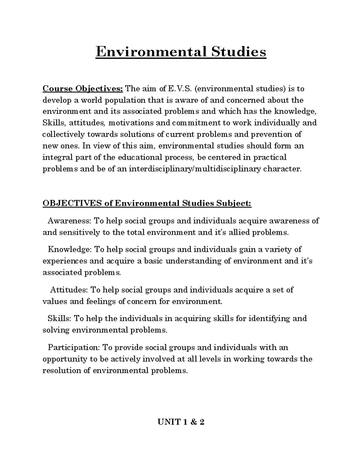 E.V.S. Course Objectives: Understanding Environmental Studies and Its ...