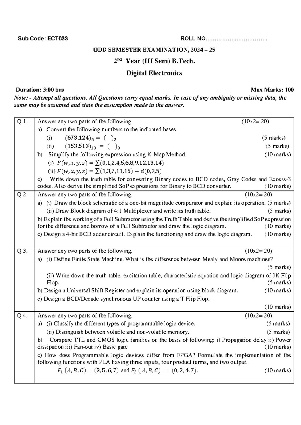 Sub Code: ECT033 2nd Year B.Tech Digital Electronics Exam 2024 - Studocu