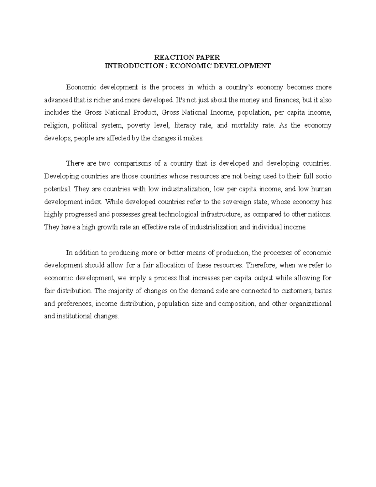 Reaction Paper - Introduction -Economic Development - REACTION PAPER ...