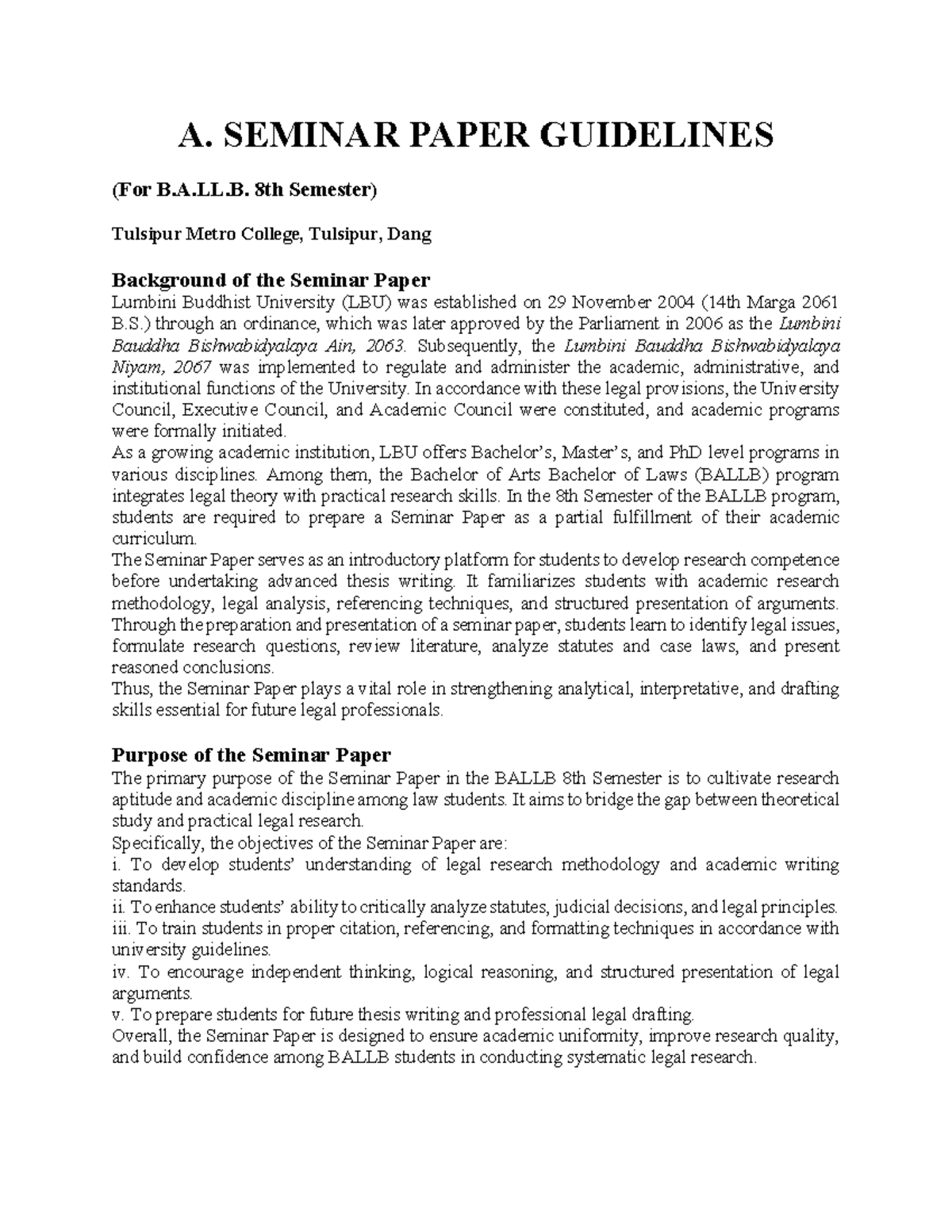 Seminar Paper Guidelines for B.A.LL.B. 8th Semester at LBU - Studocu