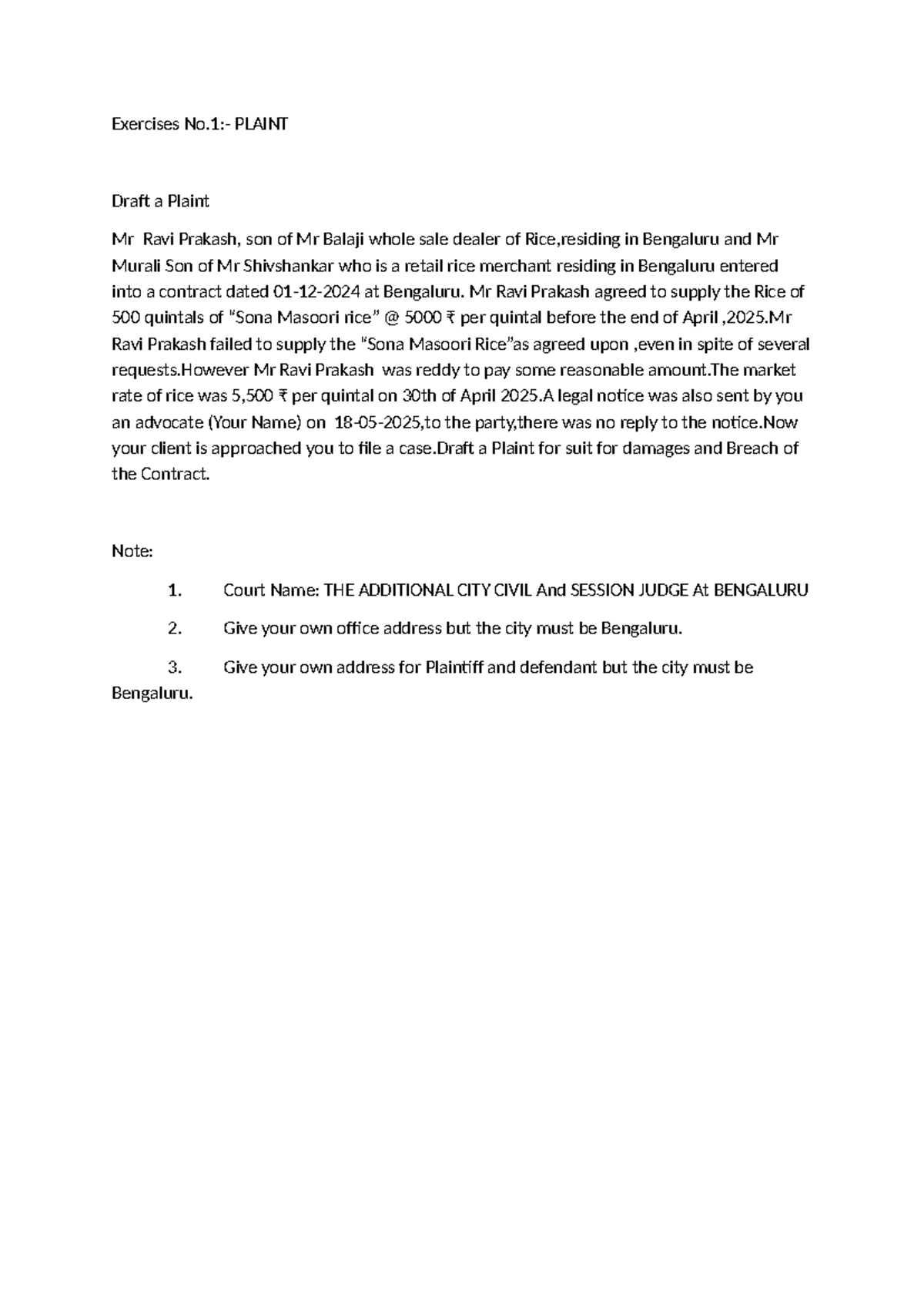 Draft of Plaint for Breach of Contract - E-1 DPC - Studocu