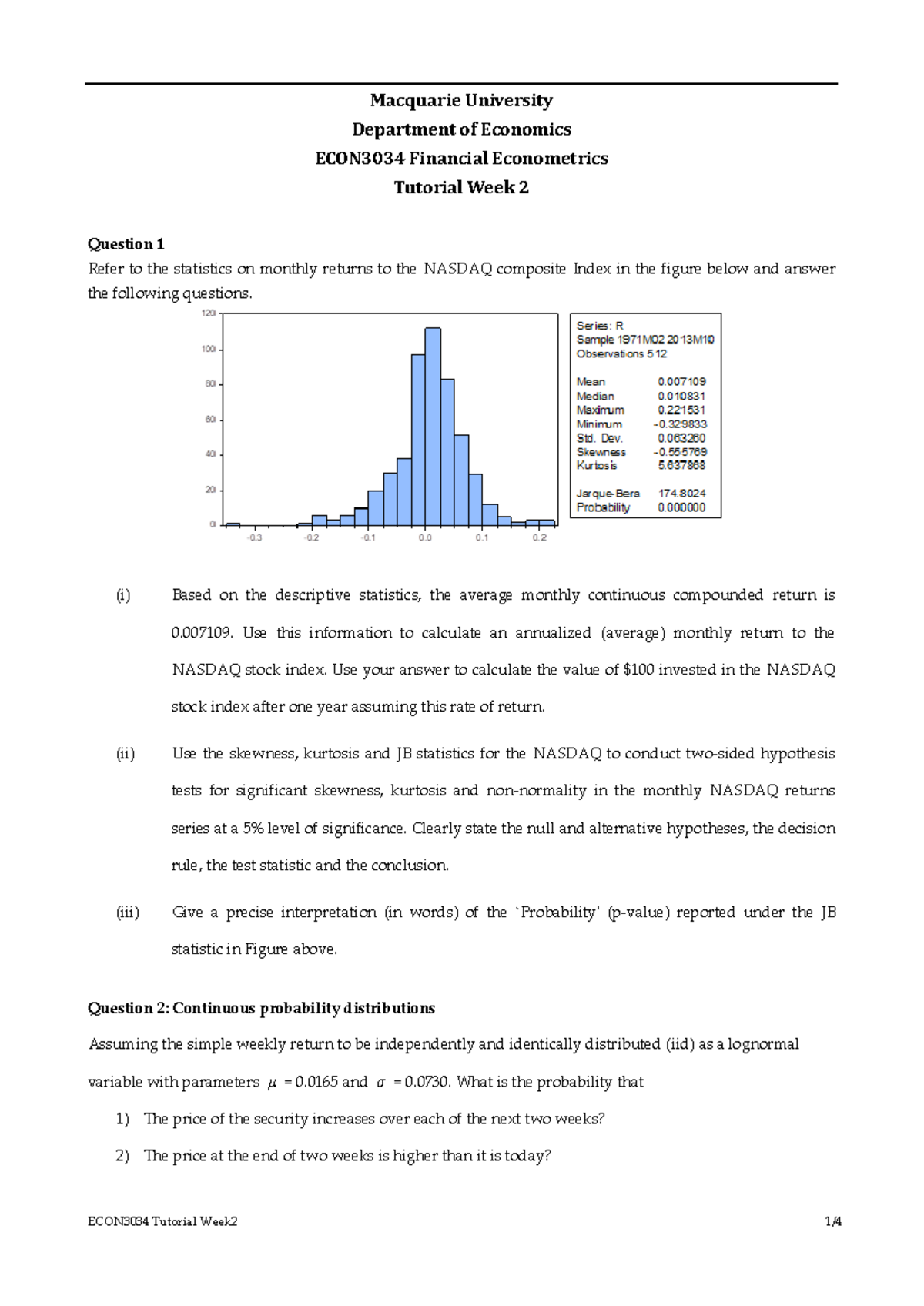 ECON3034 Financial Econometrics Tutorial Week 2 Analysis and Eviews Guide - Studocu