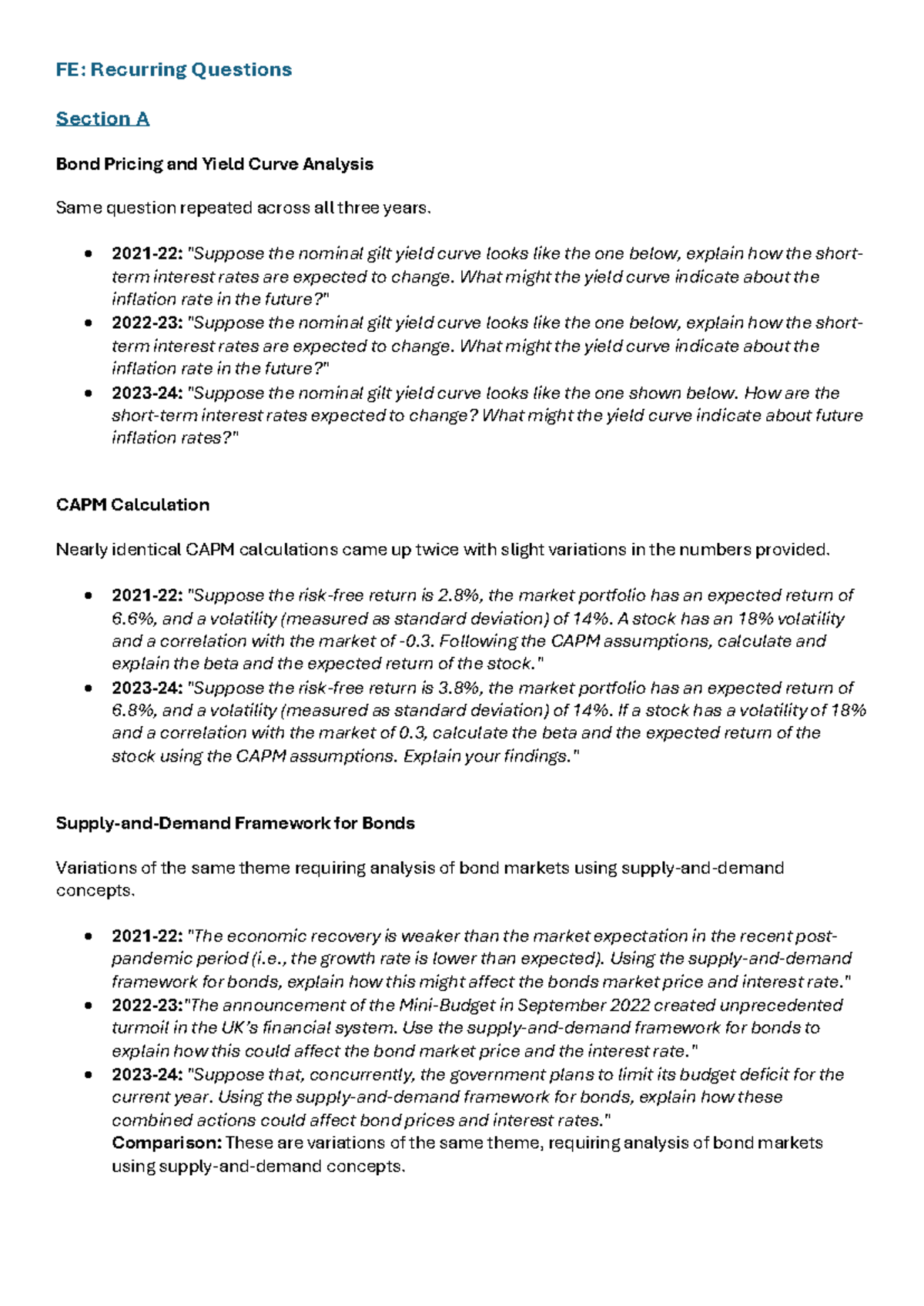 FE Recurring Questions - FE: Recurring Questions Section A Bond Pricing ...