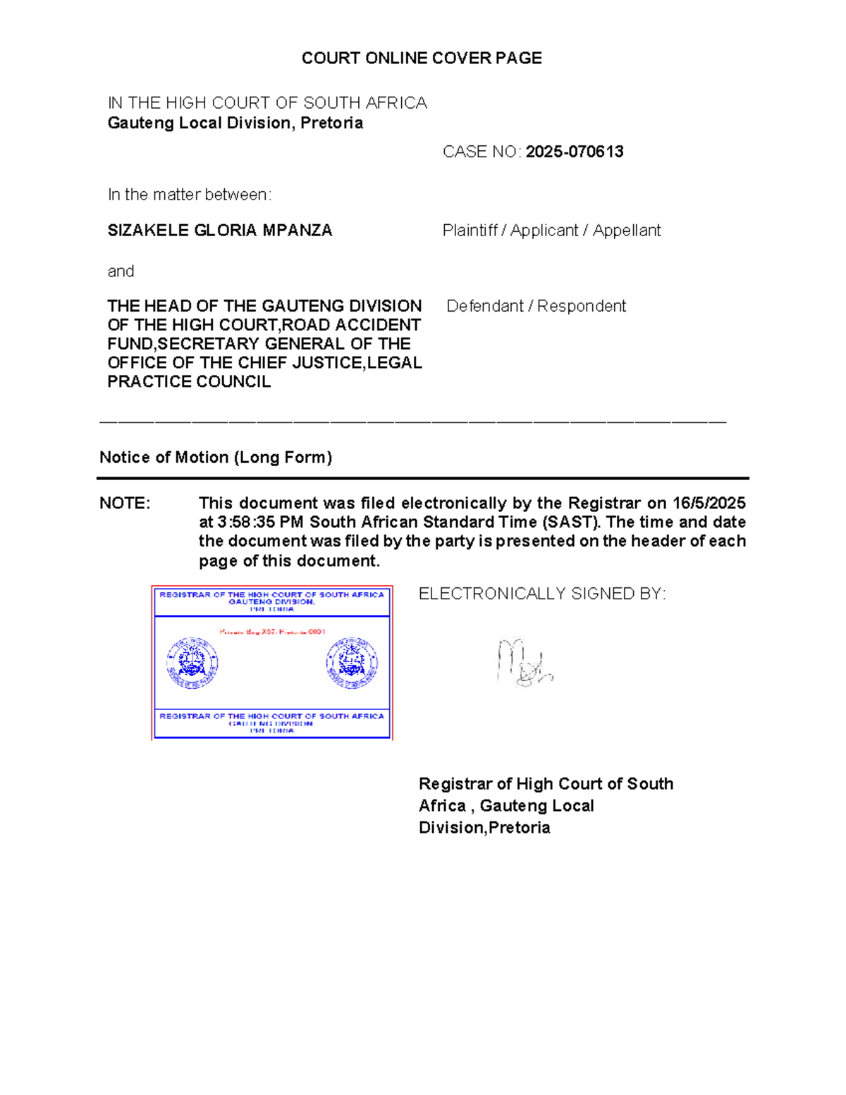 COURT ONLINE COVER PAGE: URGENT APPLICATION - GAUTENG HIGH COURT - Studocu