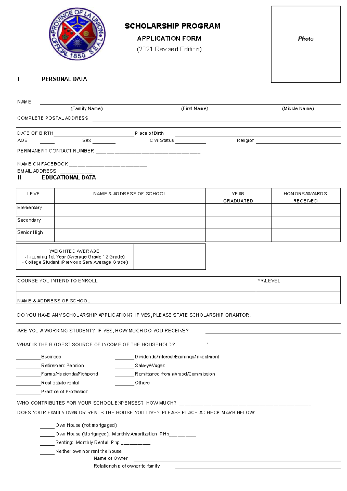 LUEASP Scholarship Program Application Form (2021 Revised Edition) - Studocu