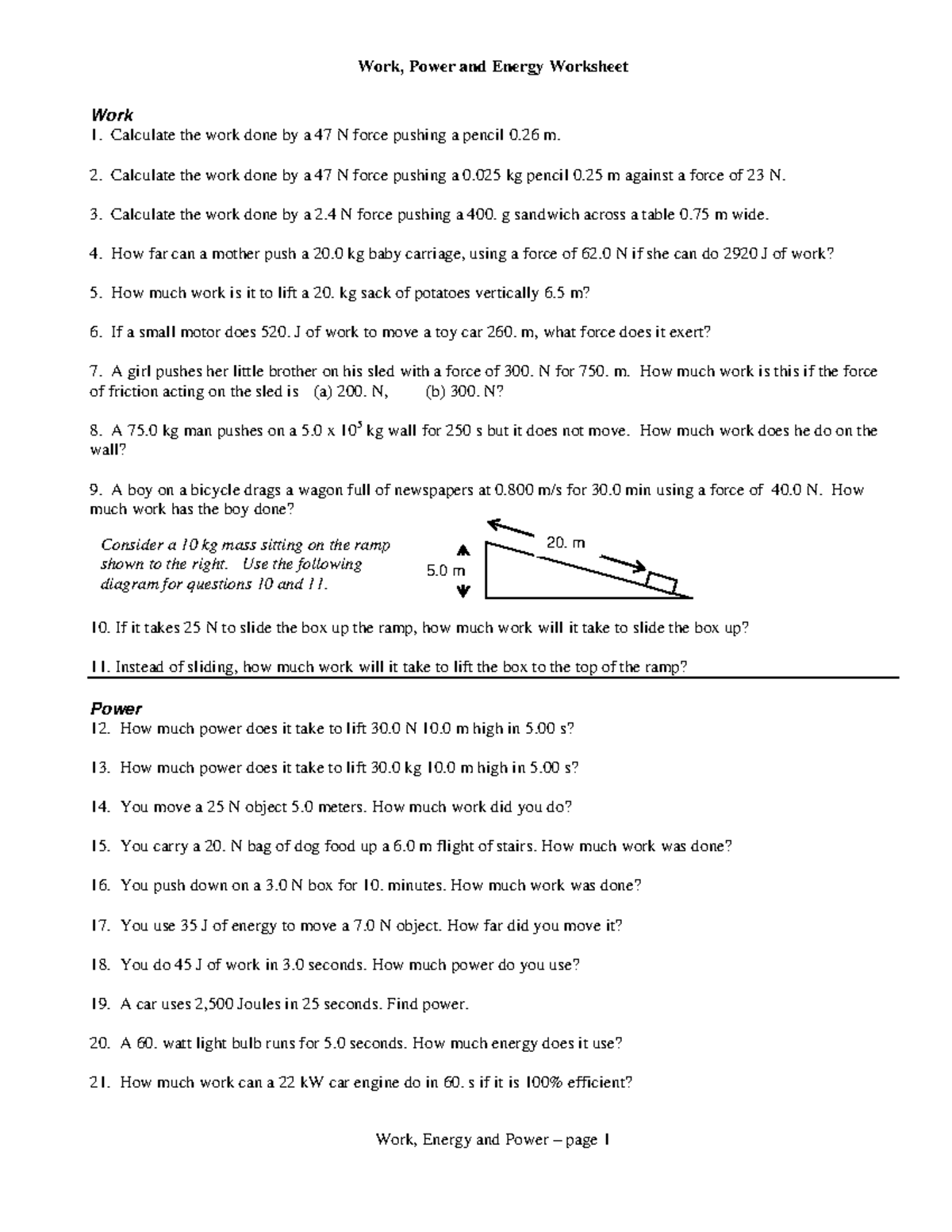 Work energy and power - Work, Power and Energy Worksheet Work Calculate ...